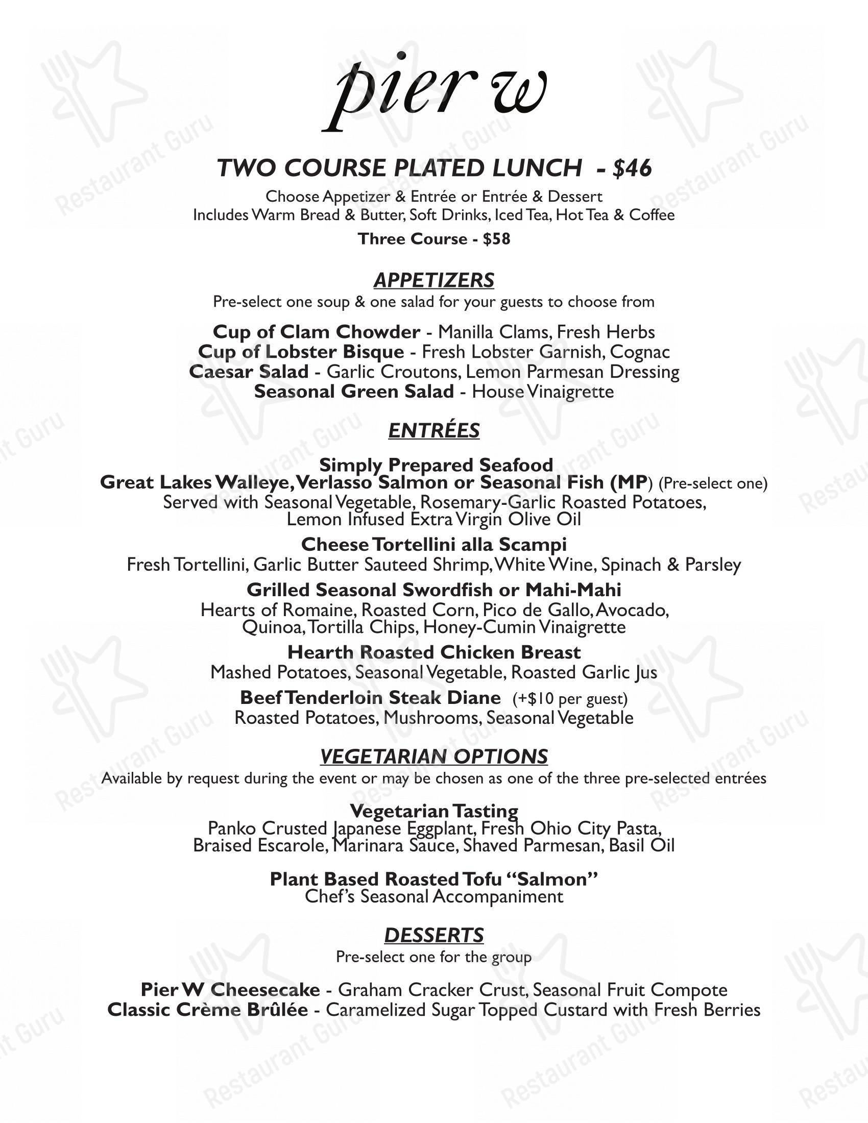 Menu at Pier W restaurant, Lakewood