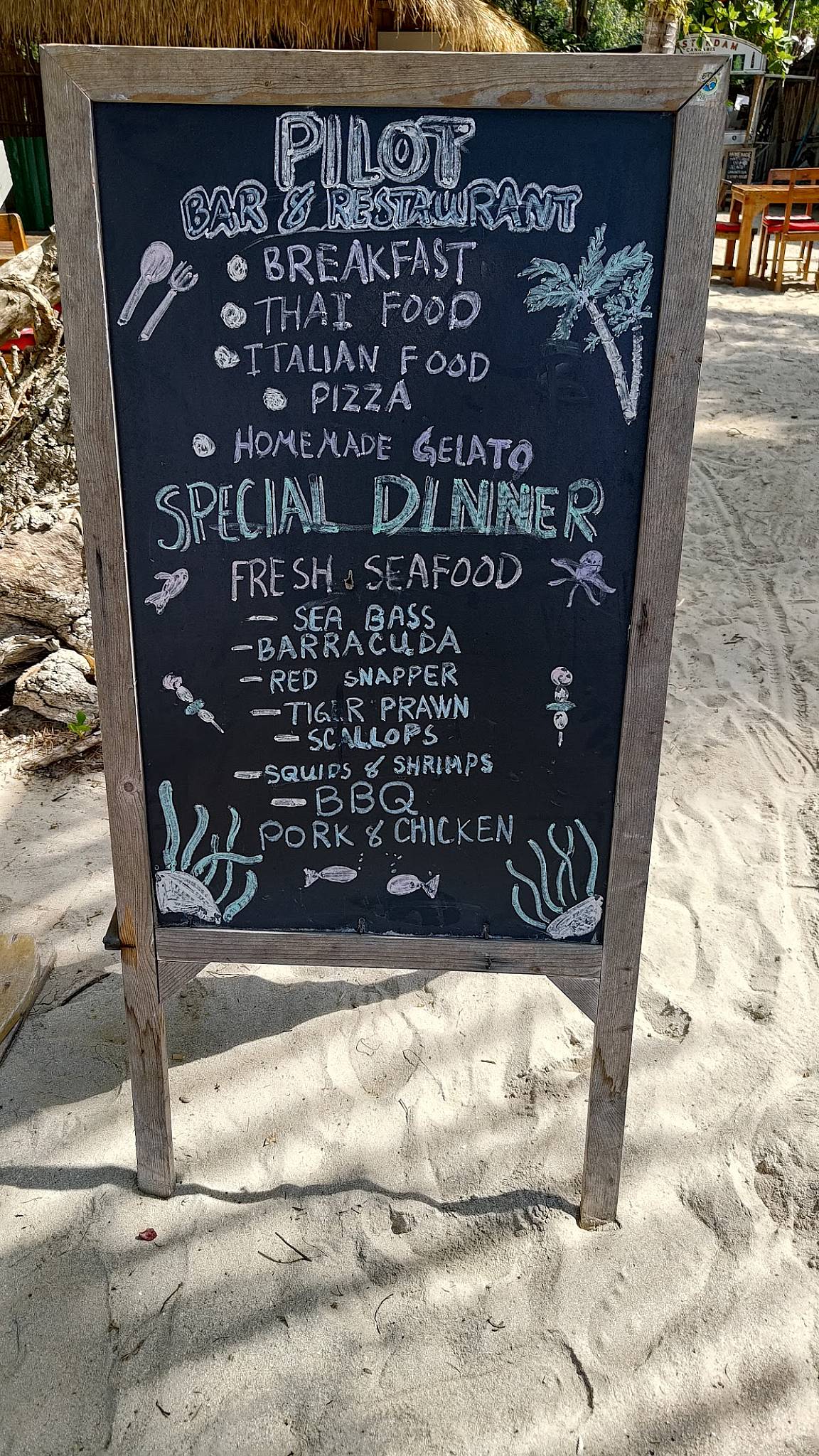 Menu at Pilot Bar at the beach, Koh Chang Tai