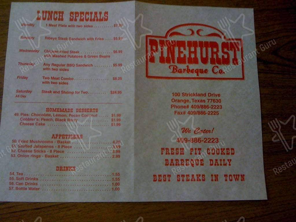 Menu at Pinehurst BBQ, Orange