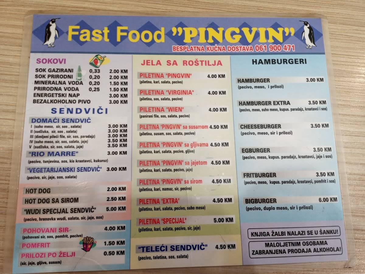 Menu at Pingvin restaurant, Sarajevo, Maršala Tita 33
