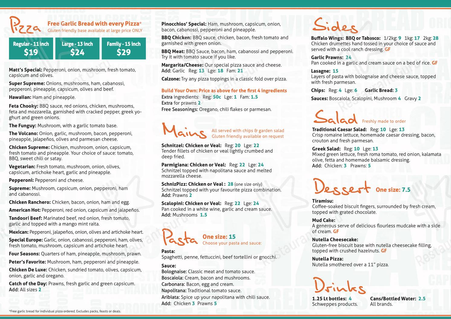 Menu at Pinocchio's Pizza Shellharbour City restaurant, Shellharbour