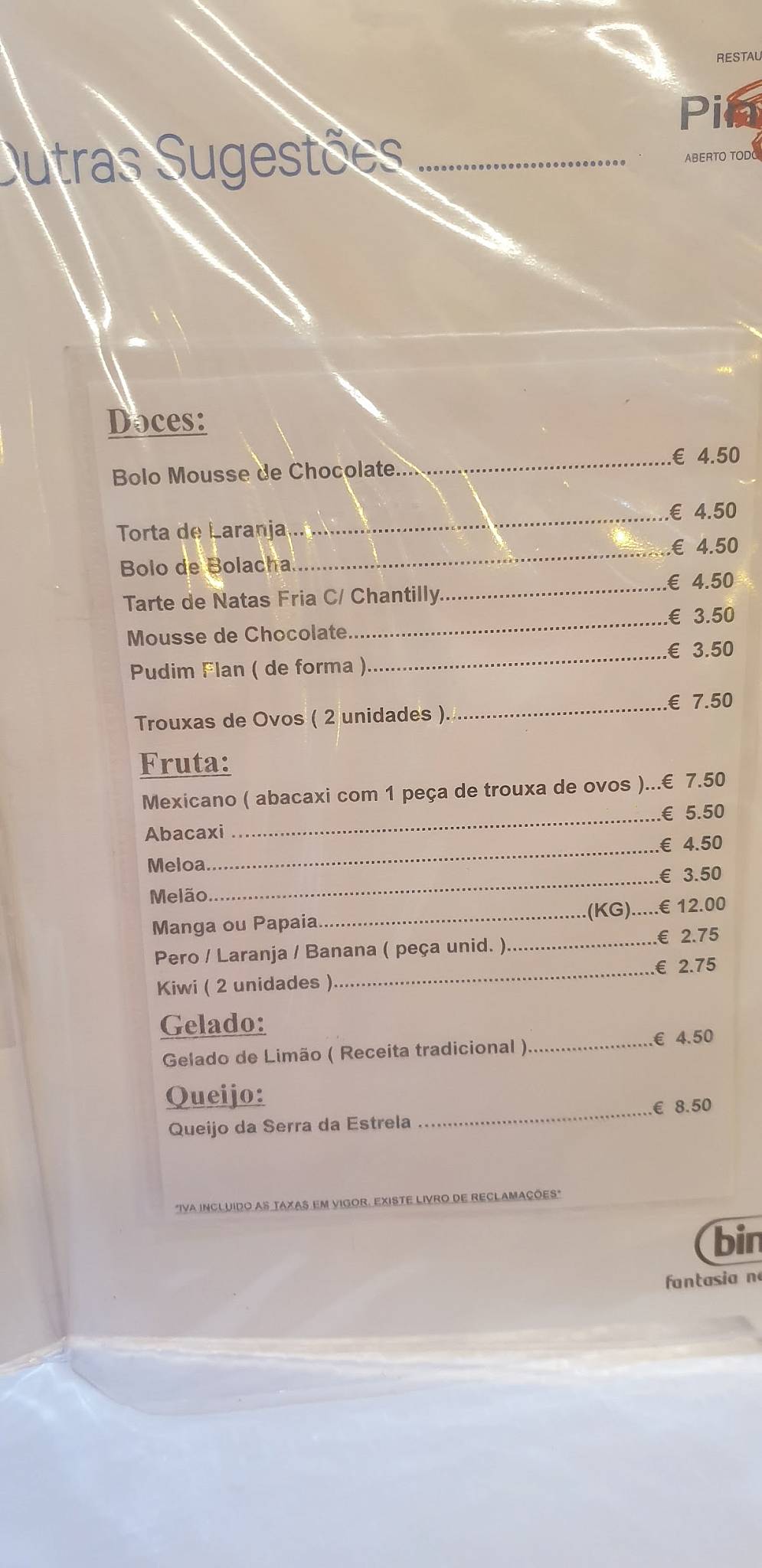 Menu at Pinóquio restaurant, Lisbon, Praça dos Restauradores 79 80