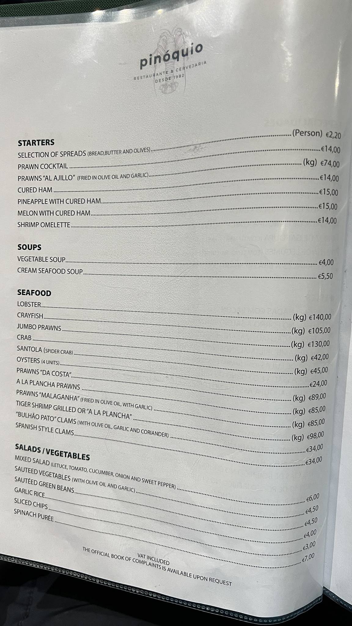 Menu at Pinóquio restaurant, Lisbon, Praça dos Restauradores 79 80