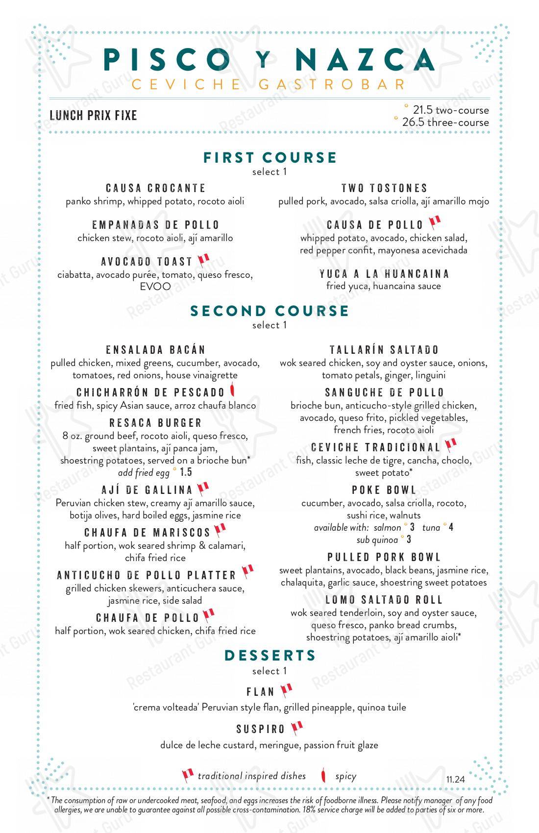 Carta de Pisco y Nazca Ceviche Gastrobar, Doral, NW 53rd St A101