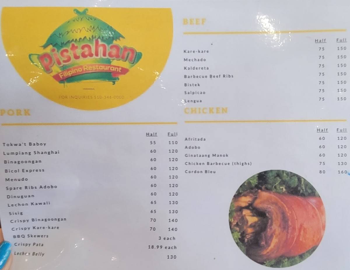 Menu at Pistahan restaurant, San Leandro, 967 Manor Blvd