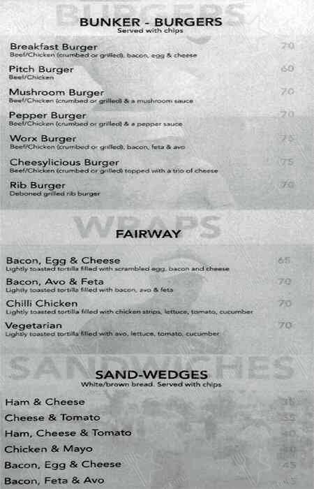 Menu at Pitch & Putter restaurant, Cape Town