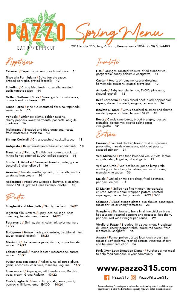 Menu at Pazzo restaurant, Pittston