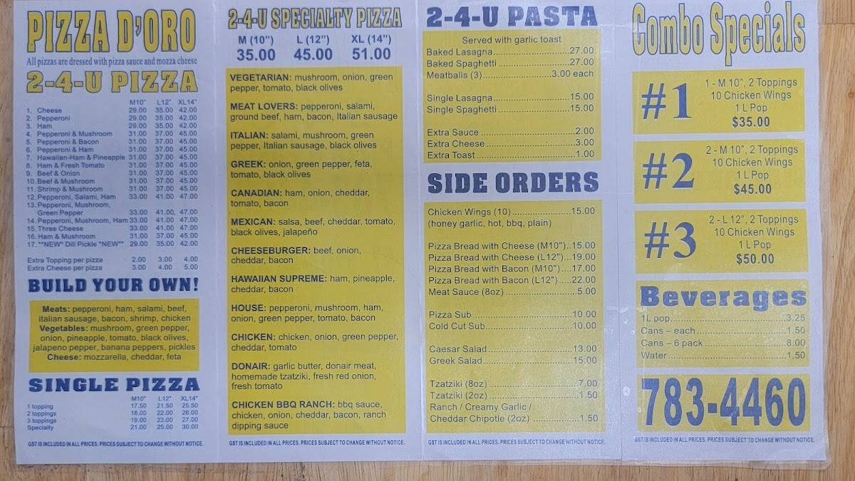Menu at Pizza D'oro Pizza & Pasta pizzeria, Ponoka