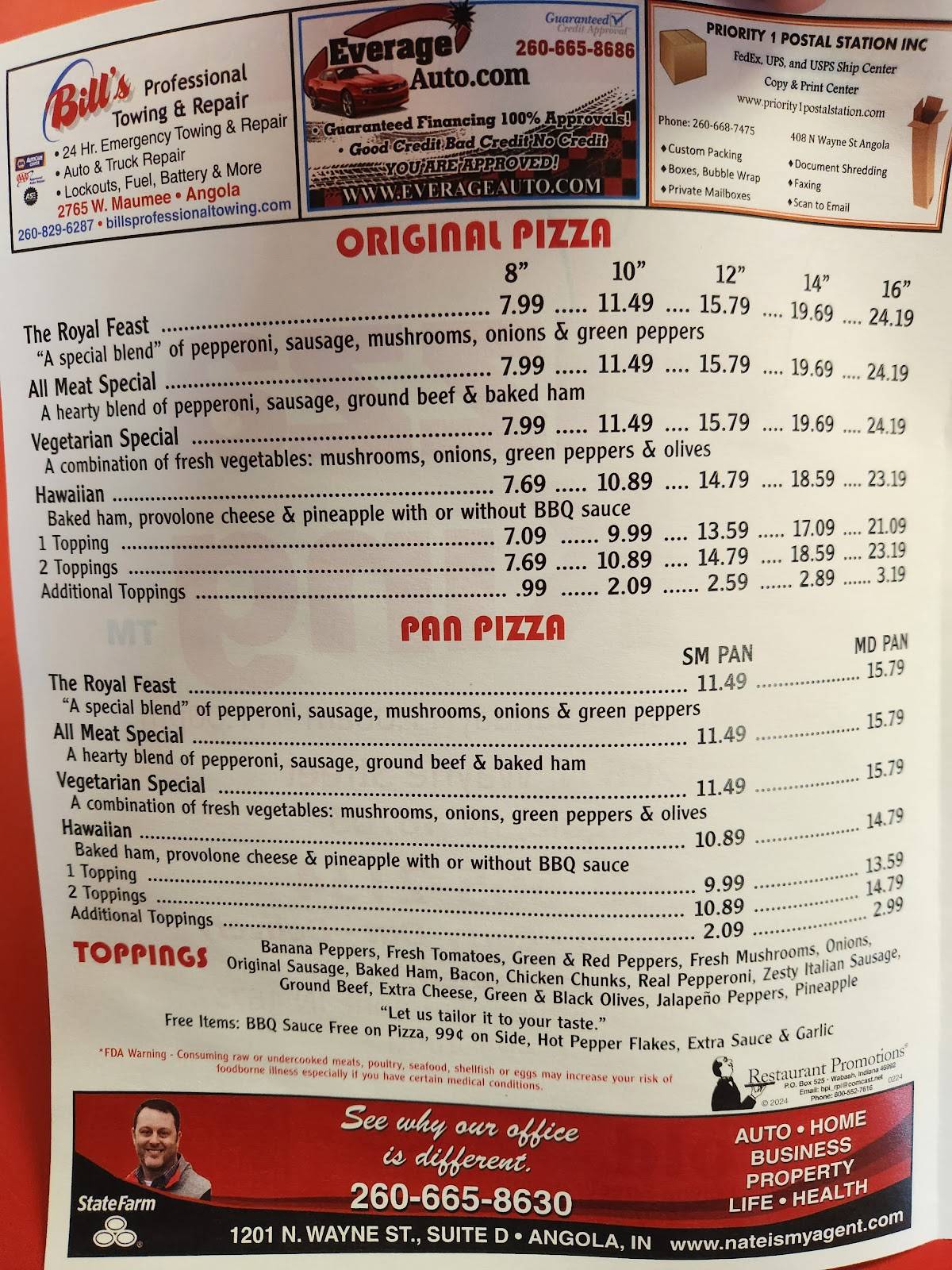 Menu at Pizza King pizzeria, Angola, N Wayne St