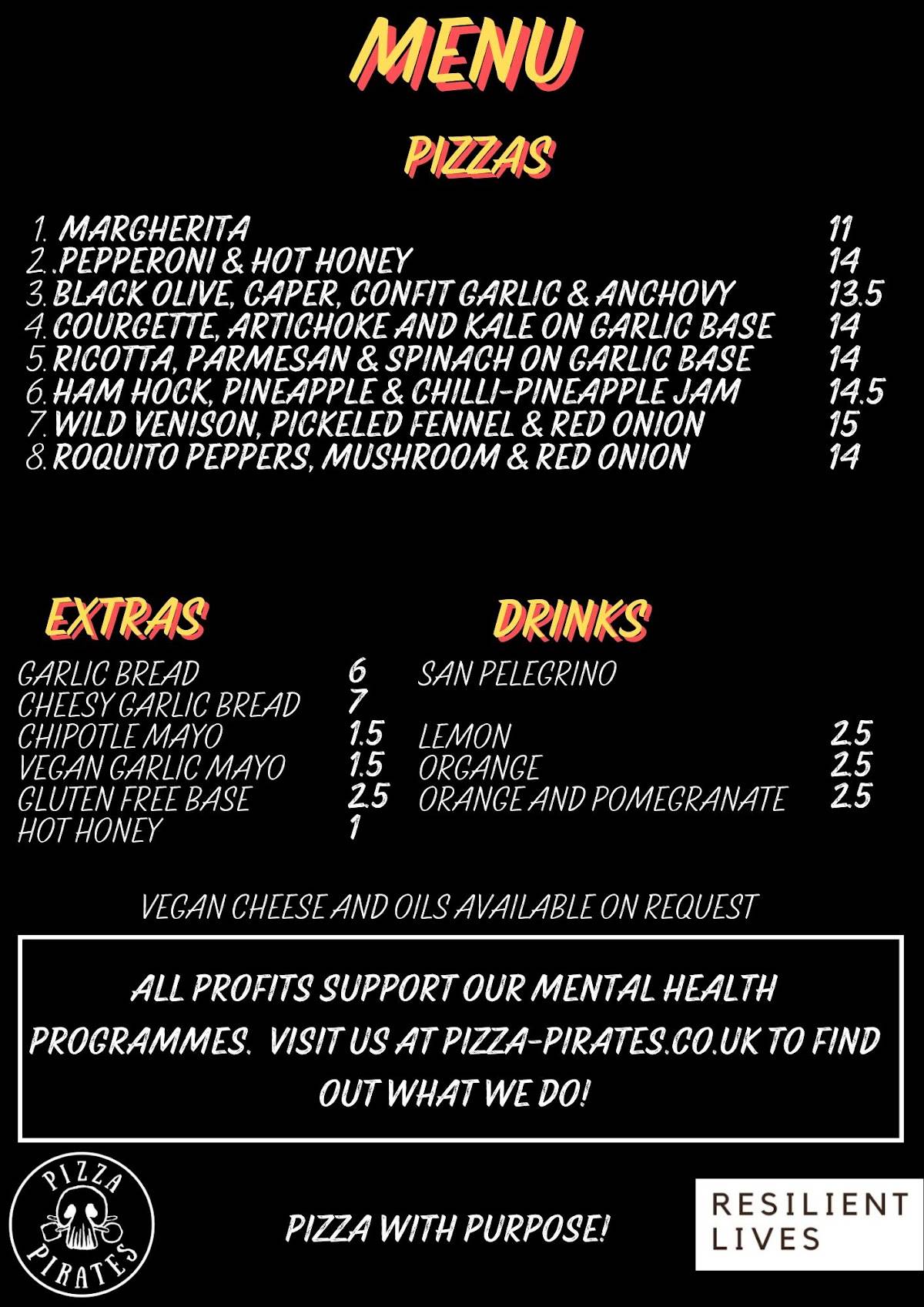 Menu at Pizza Pirates restaurant, Totnes