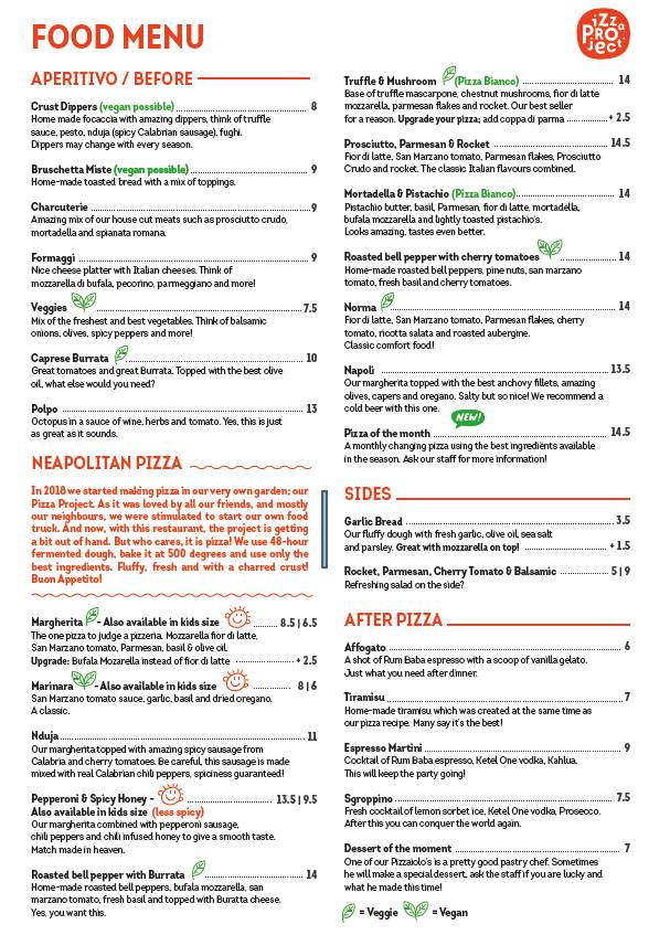 Menu at Pizza Project, Amsterdam