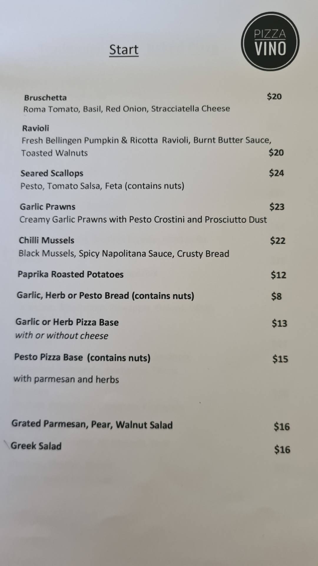 Menu at Pizza Vino restaurant, Coffs Harbour