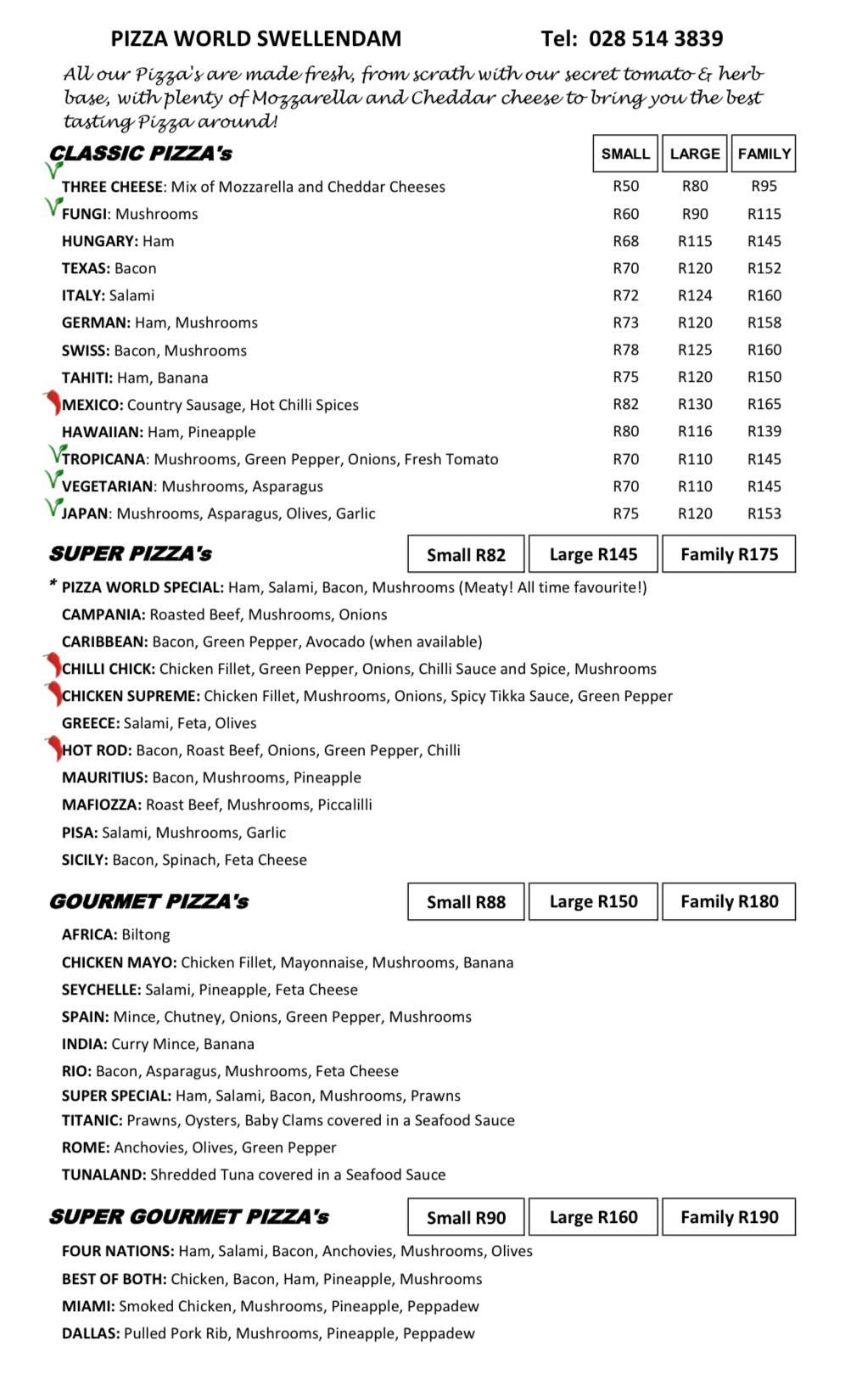 Menu at Pizza World pizzeria, Swellendam