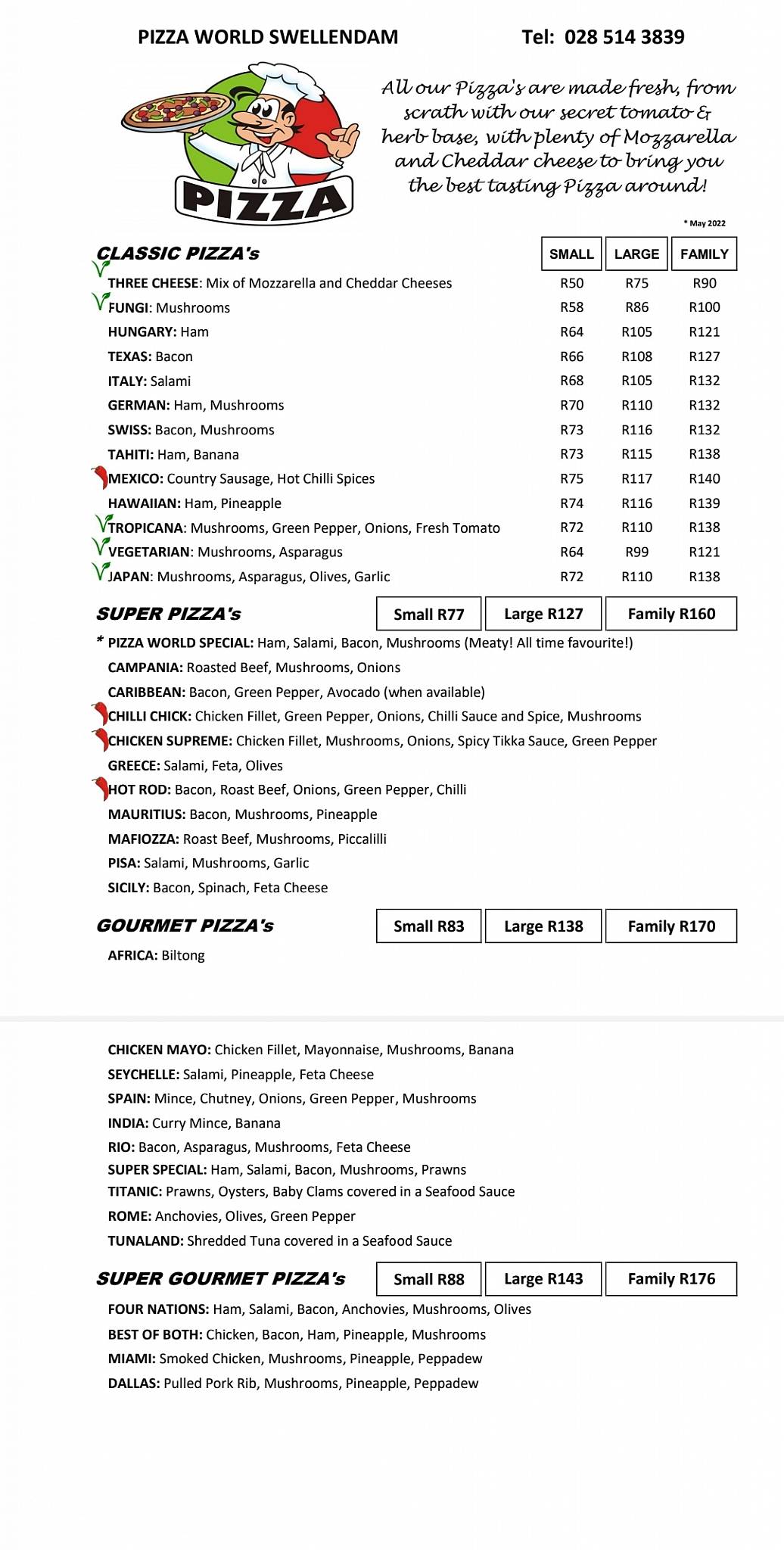Menu at Pizza World pizzeria, Swellendam