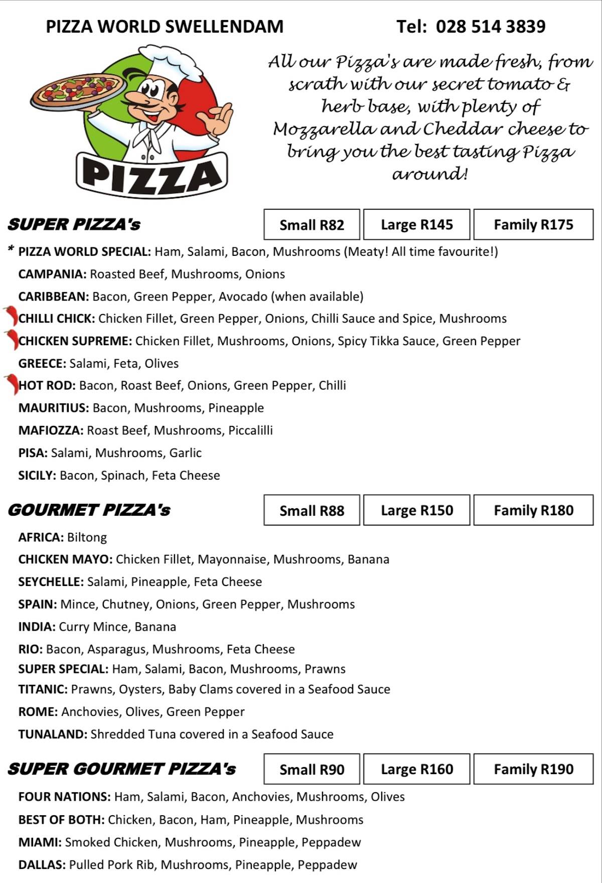 Menu at Pizza World pizzeria, Swellendam