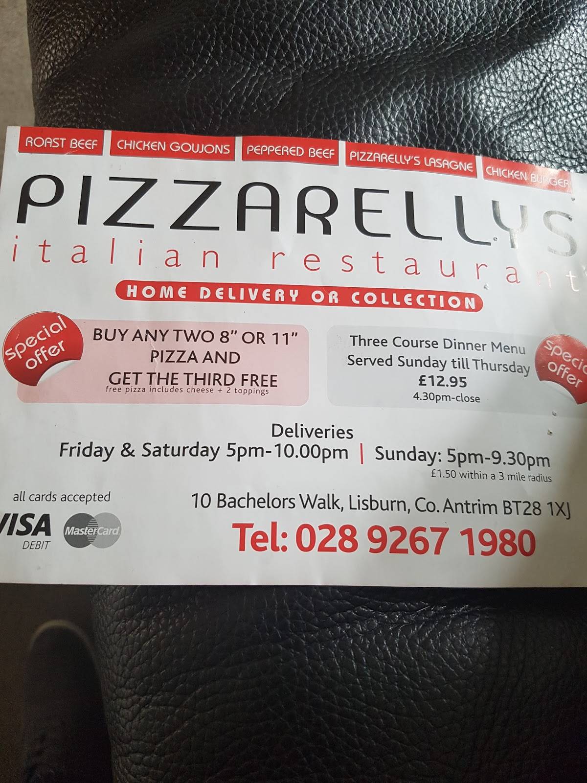 Menu at Pizzarellys restaurant, Lisburn