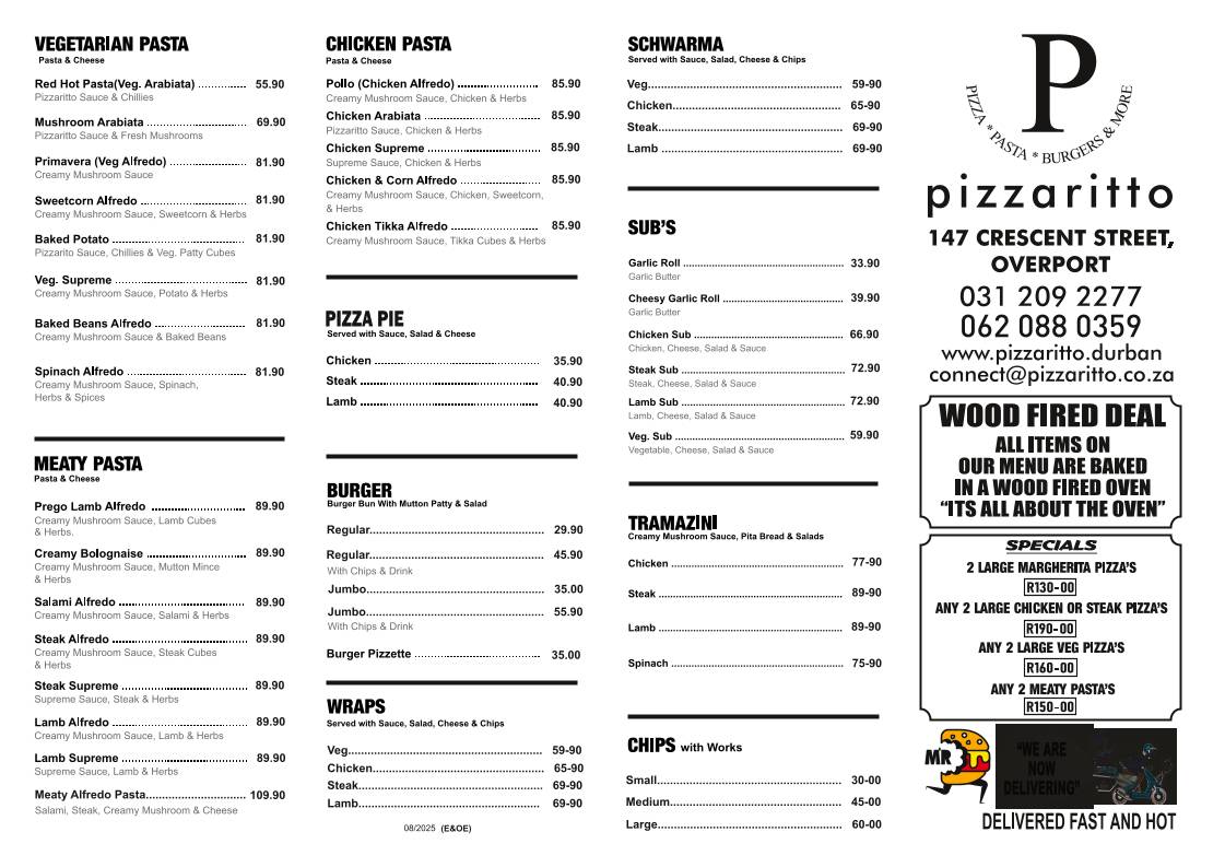 Menu at Pizzaritto Overport restaurant, Berea