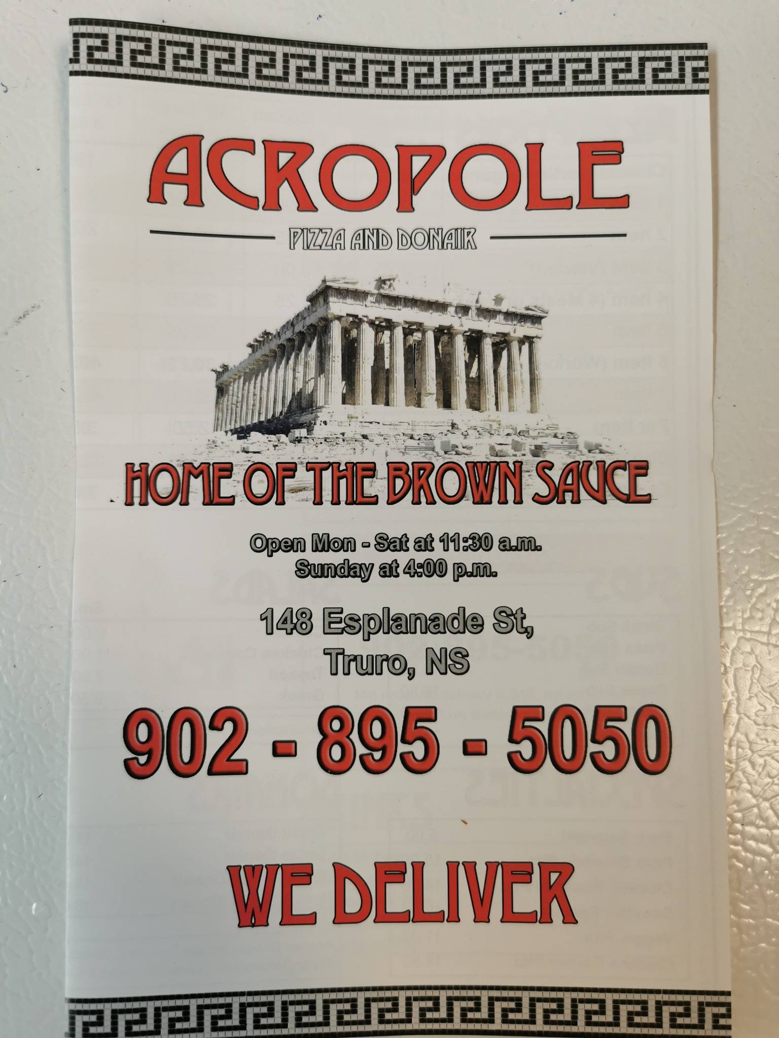 Carta de pizzería Acropole Pizza & Donair, Truro