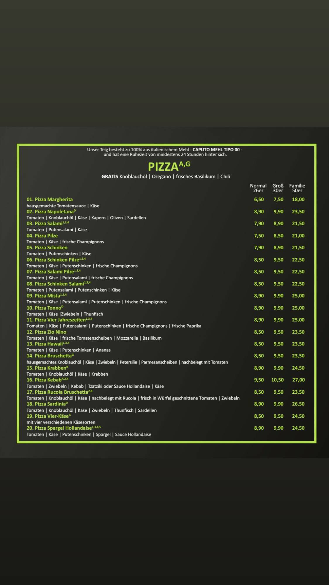 Speisekarte von Adams pizza, Rheine
