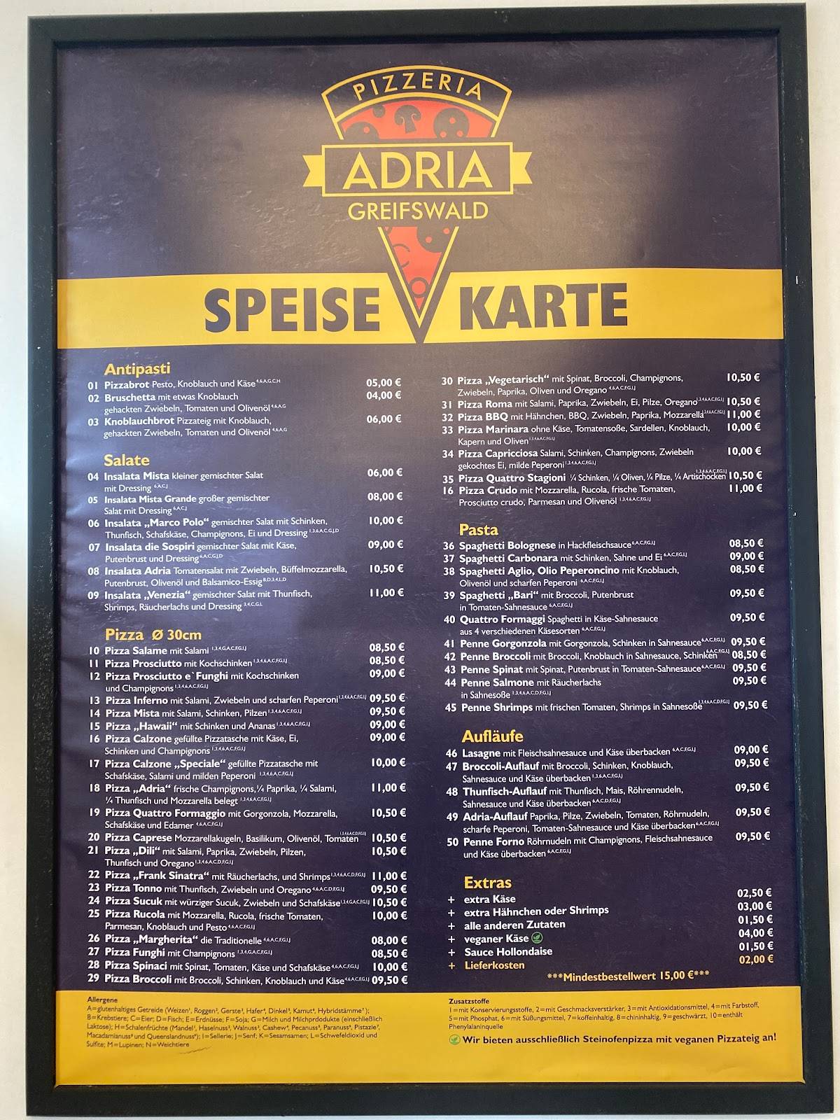 Speisekarte von Pizzeria Adria, Greifswald
