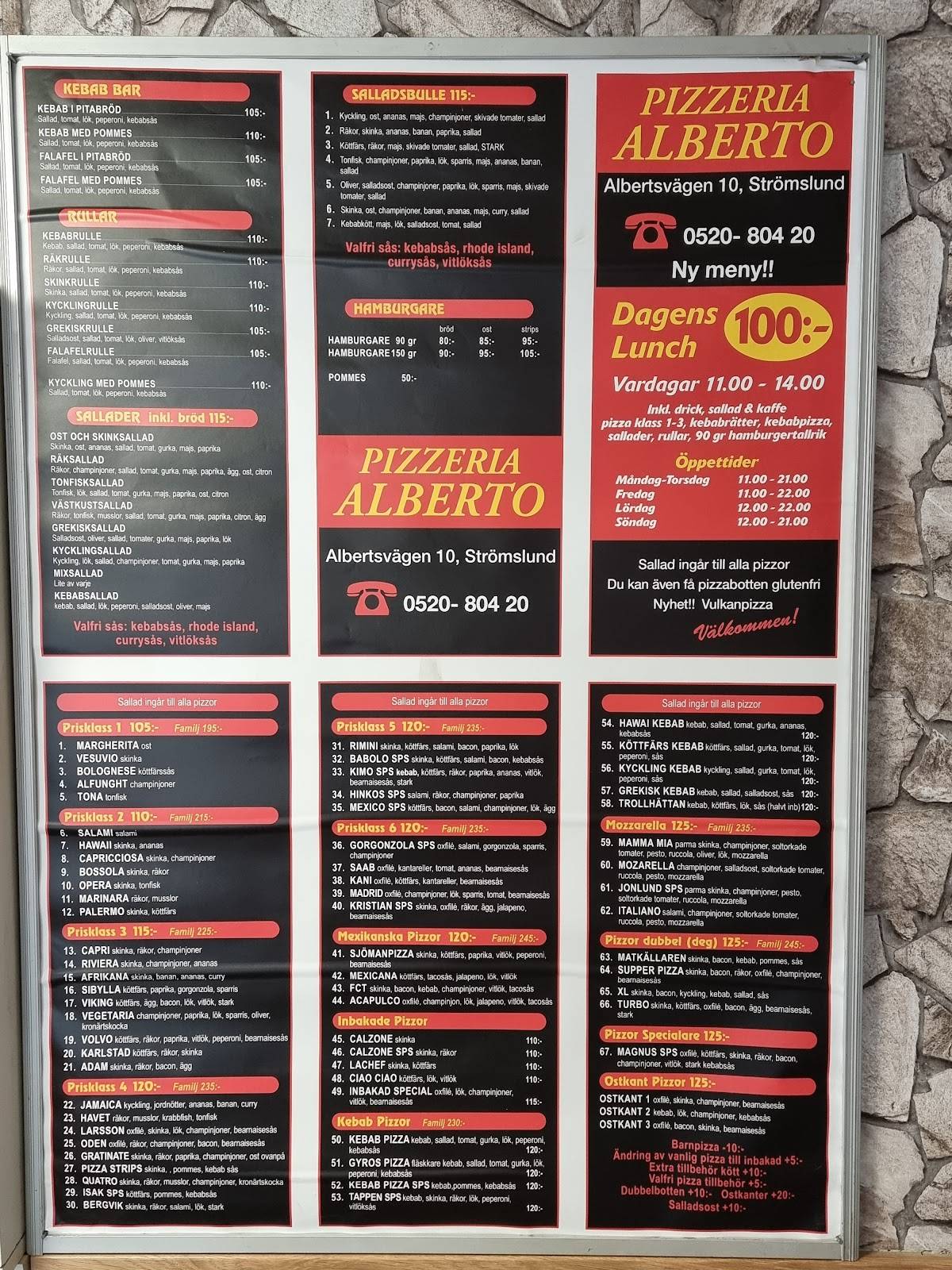 Menu at Pizzeria Alberto, Trollhättan