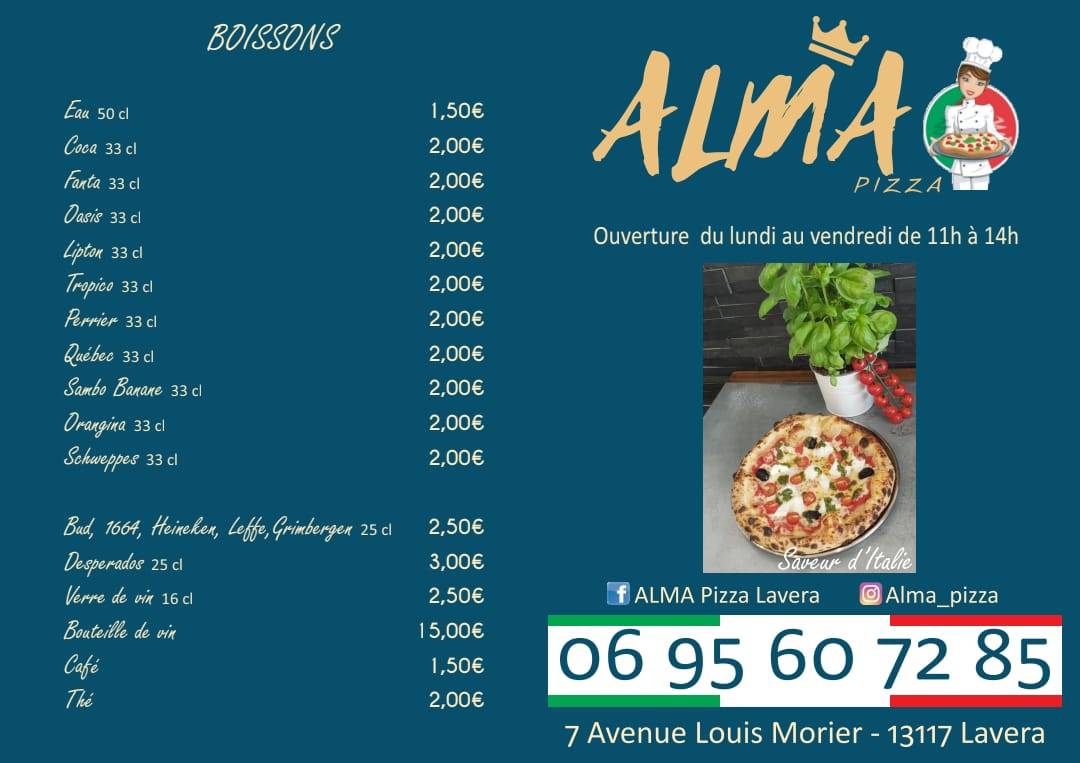 Menu at Alma Pizza Lavéra pizzeria, Martigues