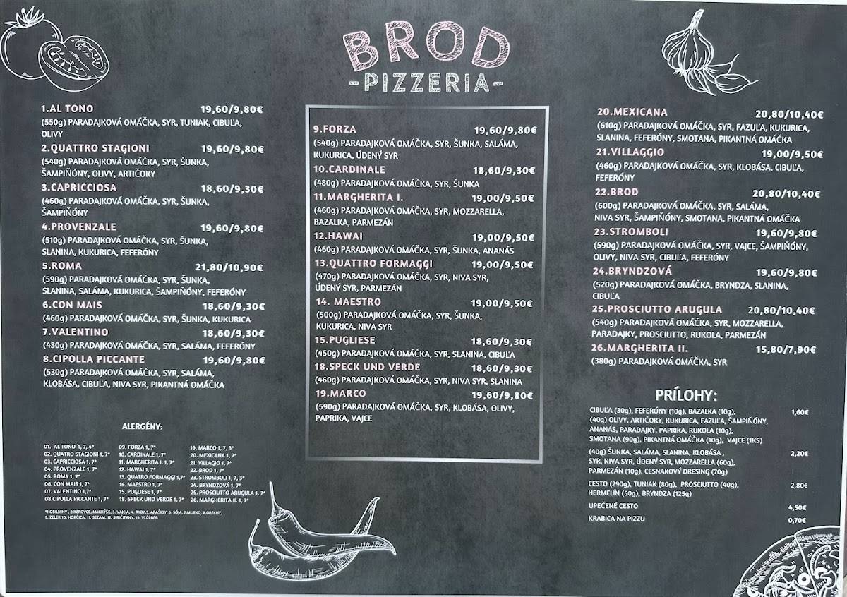 Menu at Pizzeria BROD, Porúbka