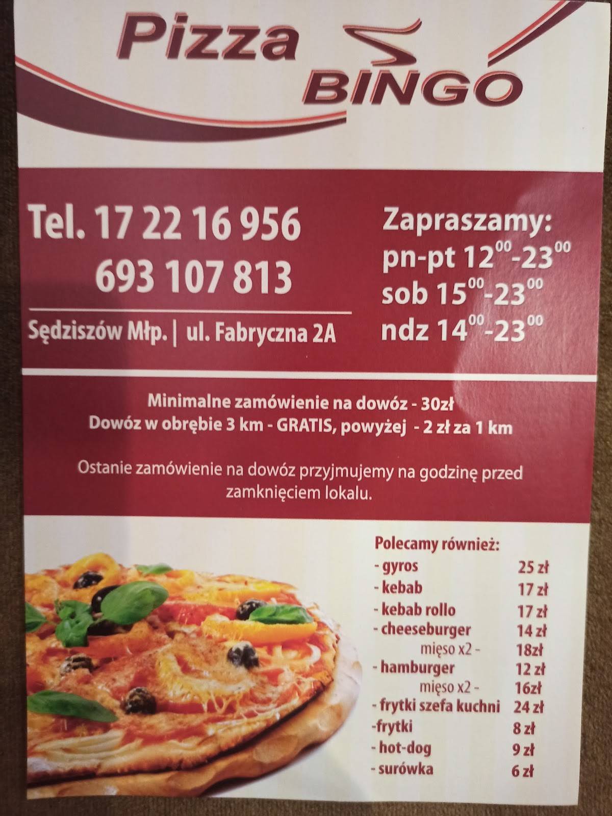 Menu at Pizzeria Bingo, Sędziszów Małopolski