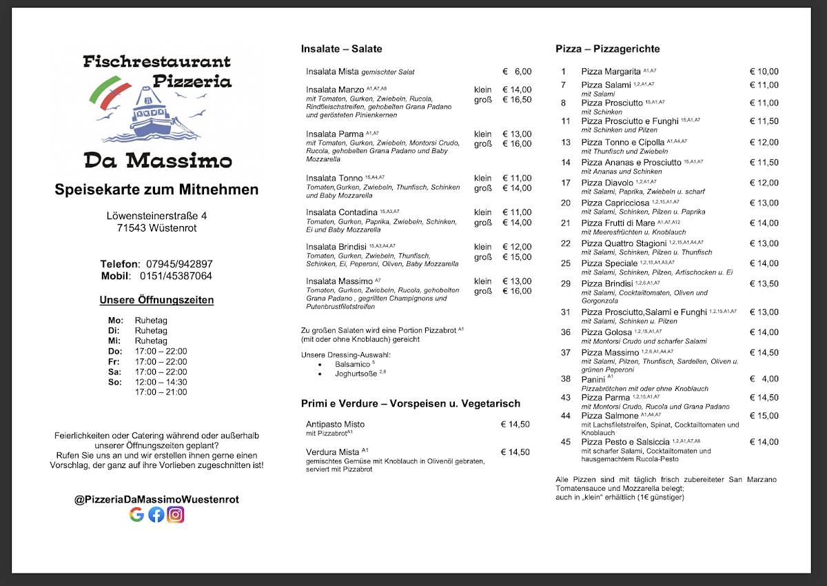 Speisekarte von Pizzeria Da Massimo, Wüstenrot