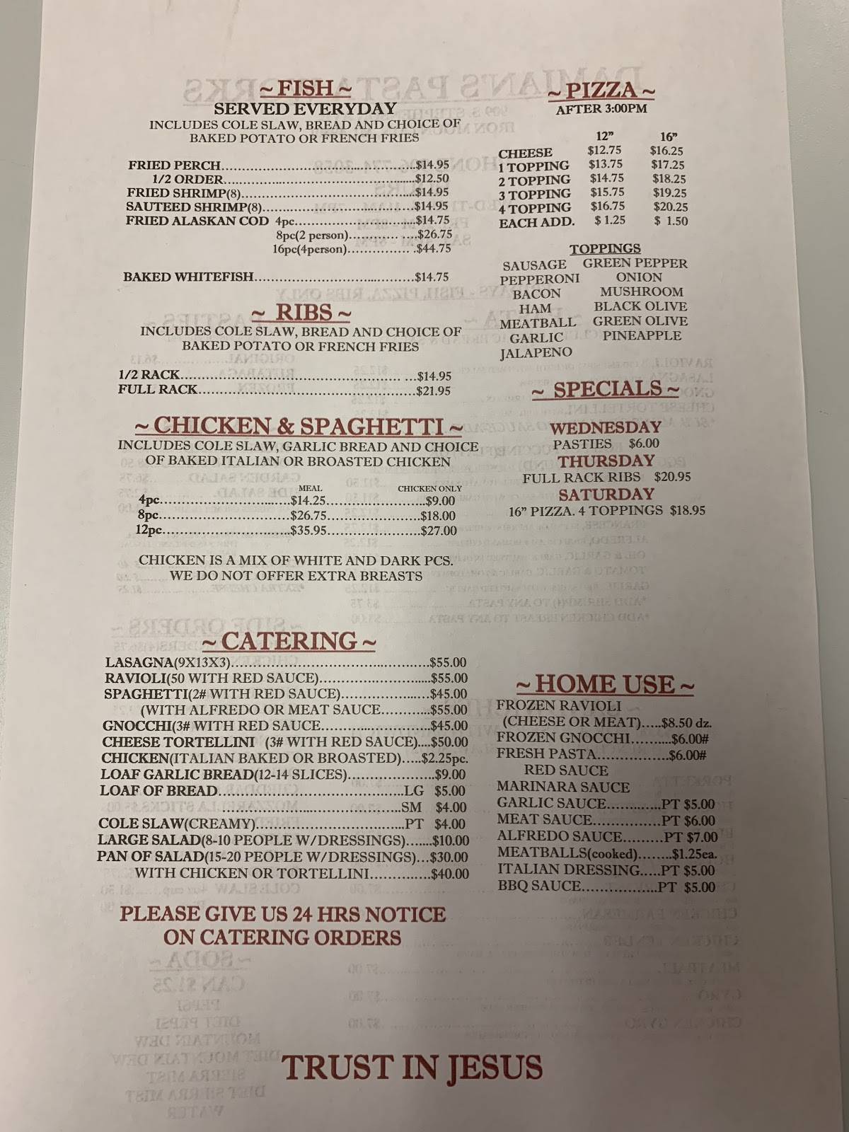 Menu at Damian's Pasta Works pizzeria, Iron Mountain