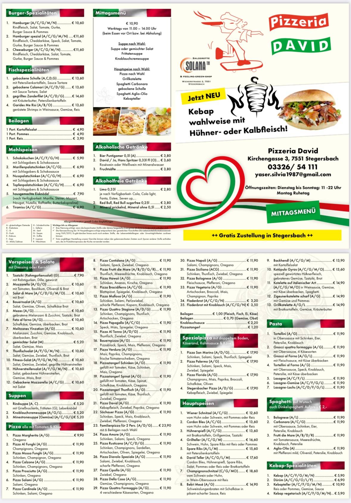Speisekarte von Pizzeria David, Stegersbach