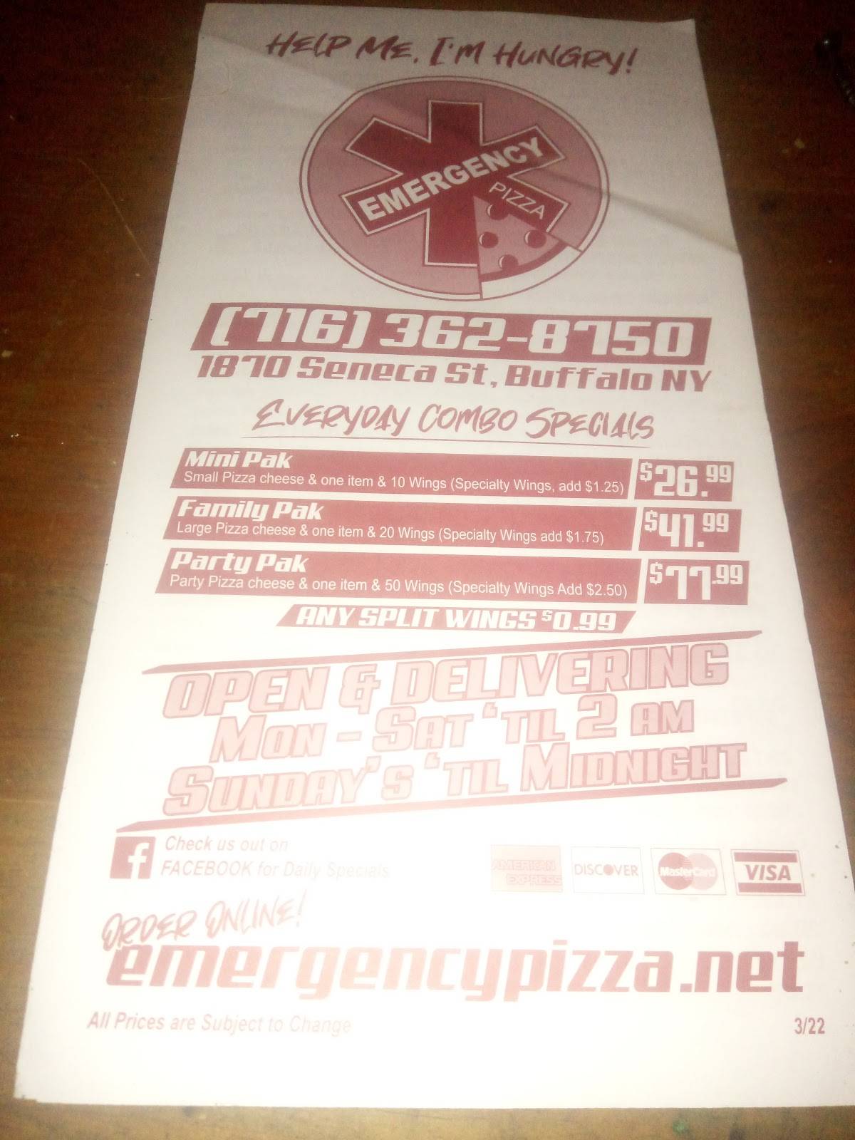 Menu at Emergency Pizza pizzeria, Buffalo