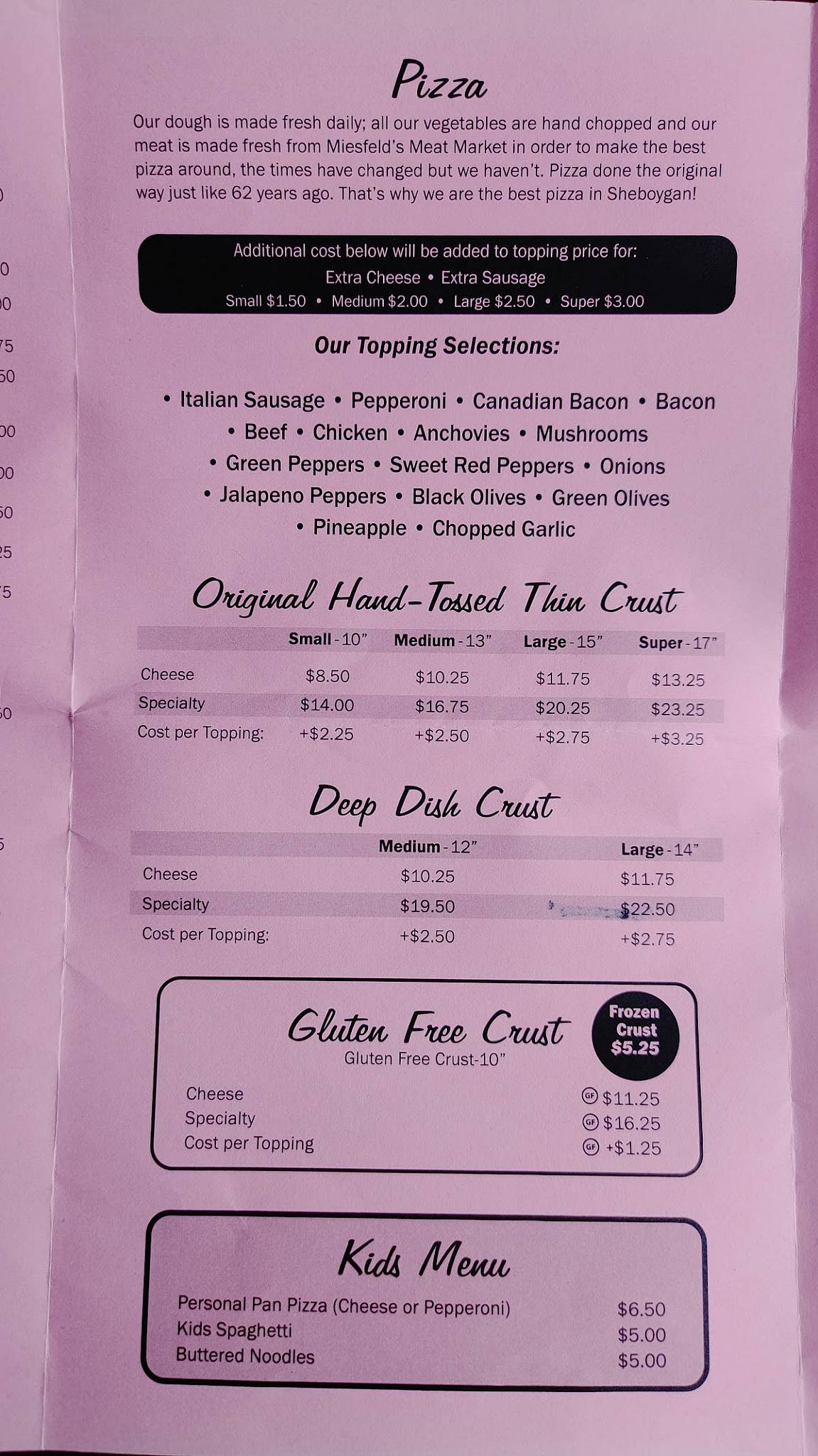Menu at Faye's Pizza pizzeria, Sheboygan