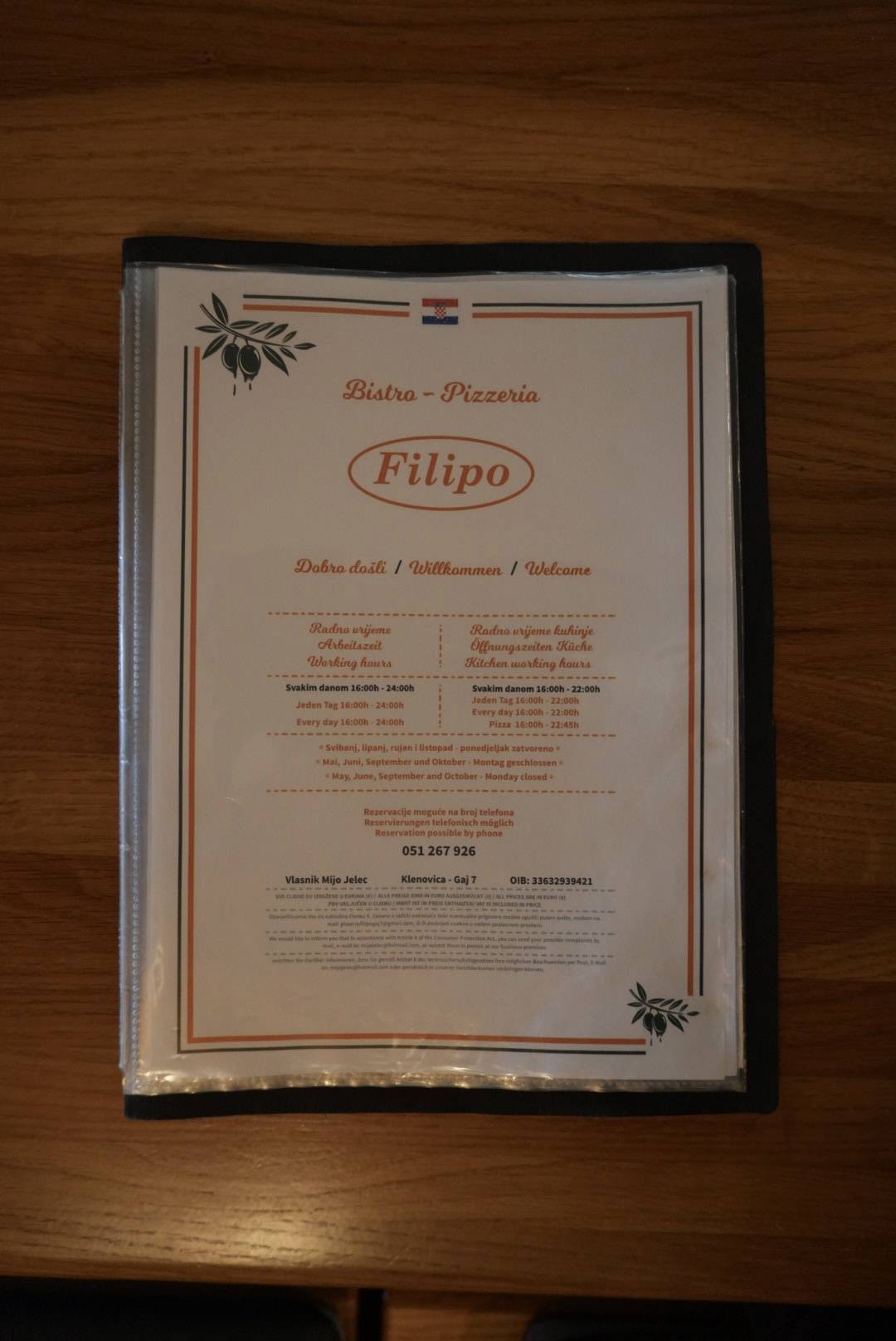 Menu at Pizzeria "Filipo", Klenovica