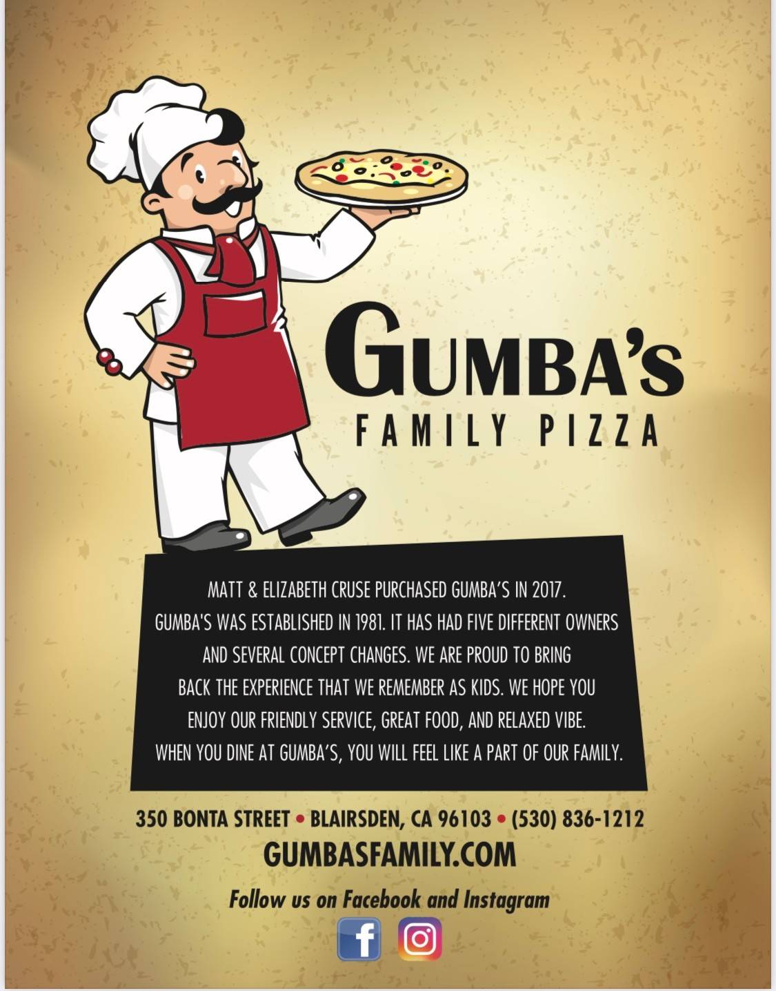 Carta de pizzería Gumba's Family Pizza, Blairsden