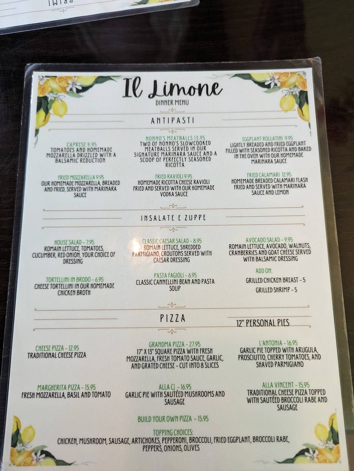 Menu at Il Limone Restaurant Pizzeria, Liverpool