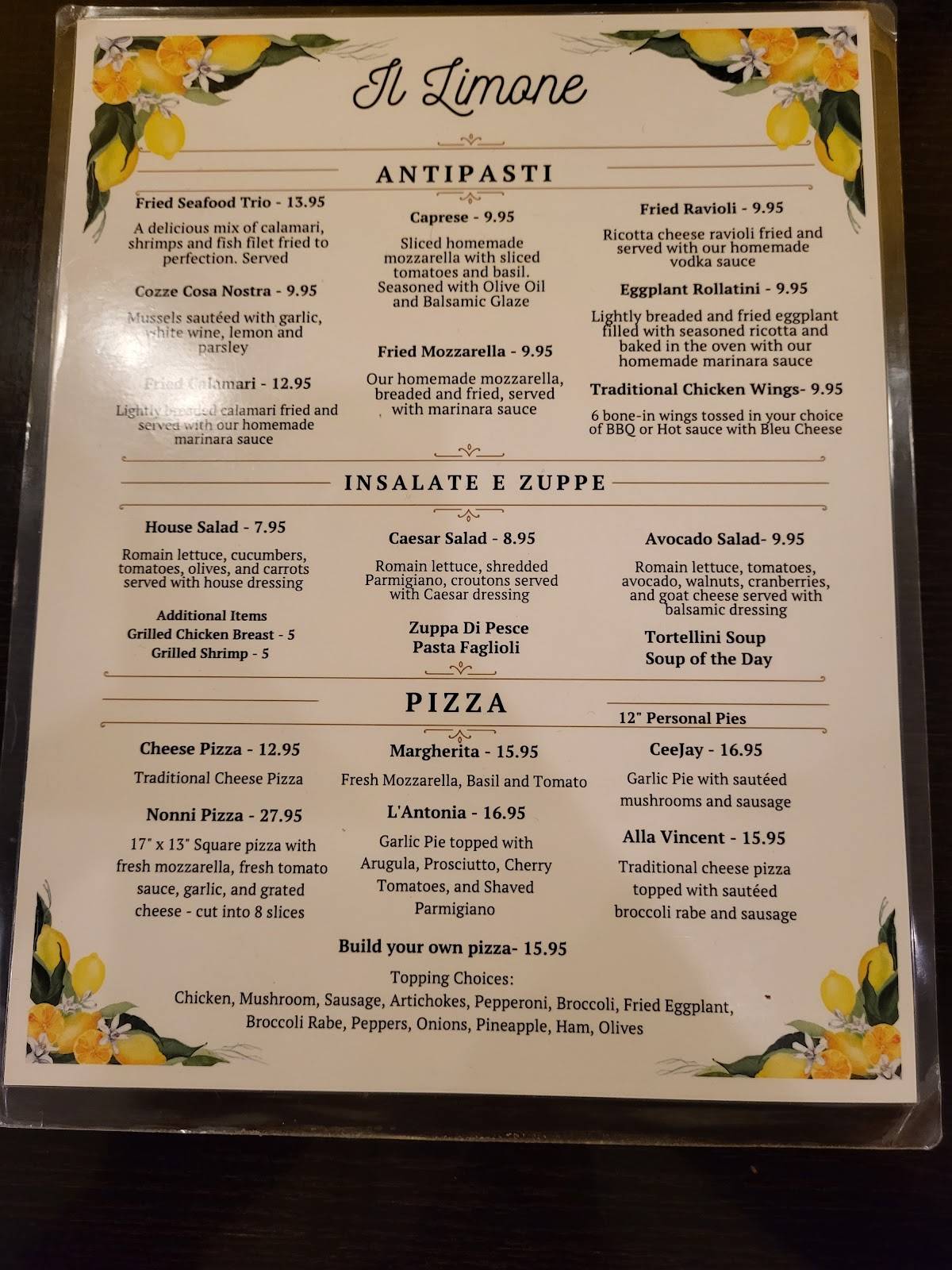 Menu at Il Limone Restaurant Pizzeria, Liverpool