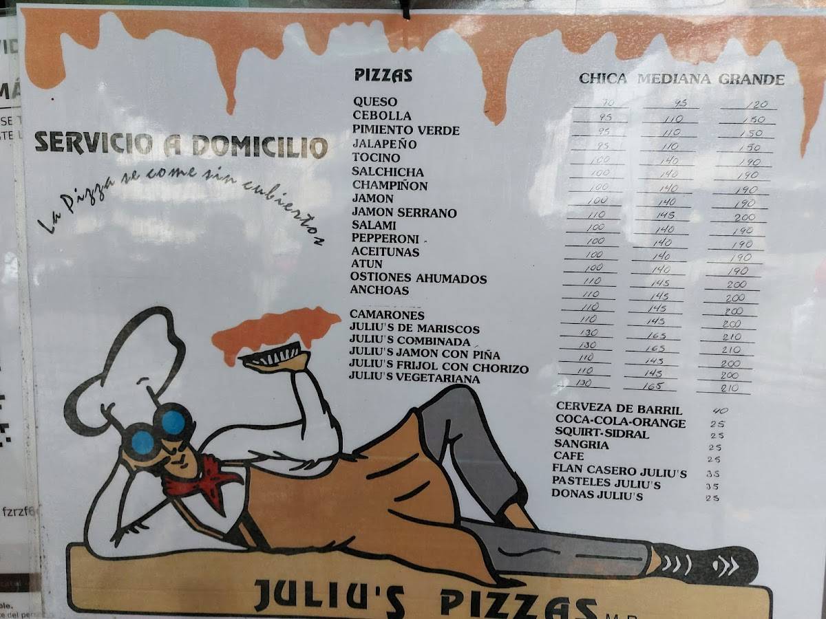 Carta de pizzería Julius Pizzas, Ciudad de México, C. Pilares No. 60