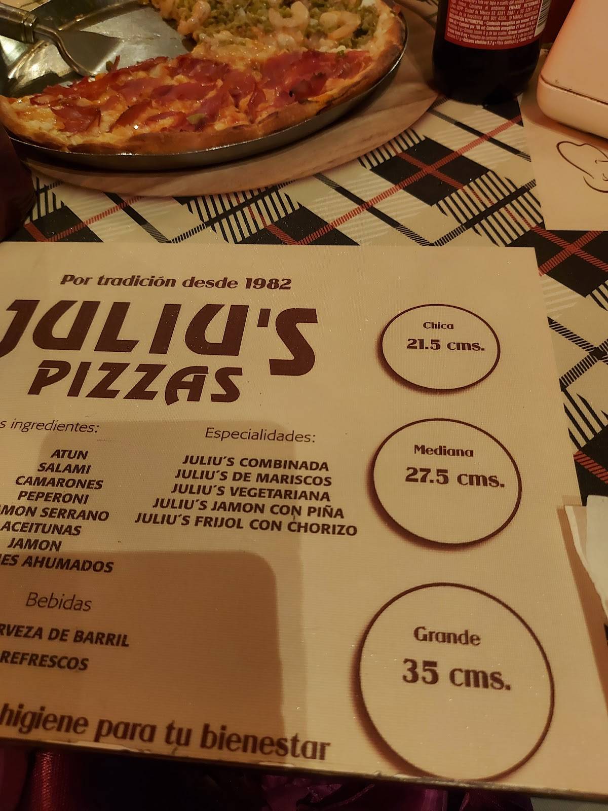Carta de pizzería Julius Pizzas, Ciudad de México, C. Pilares No. 60