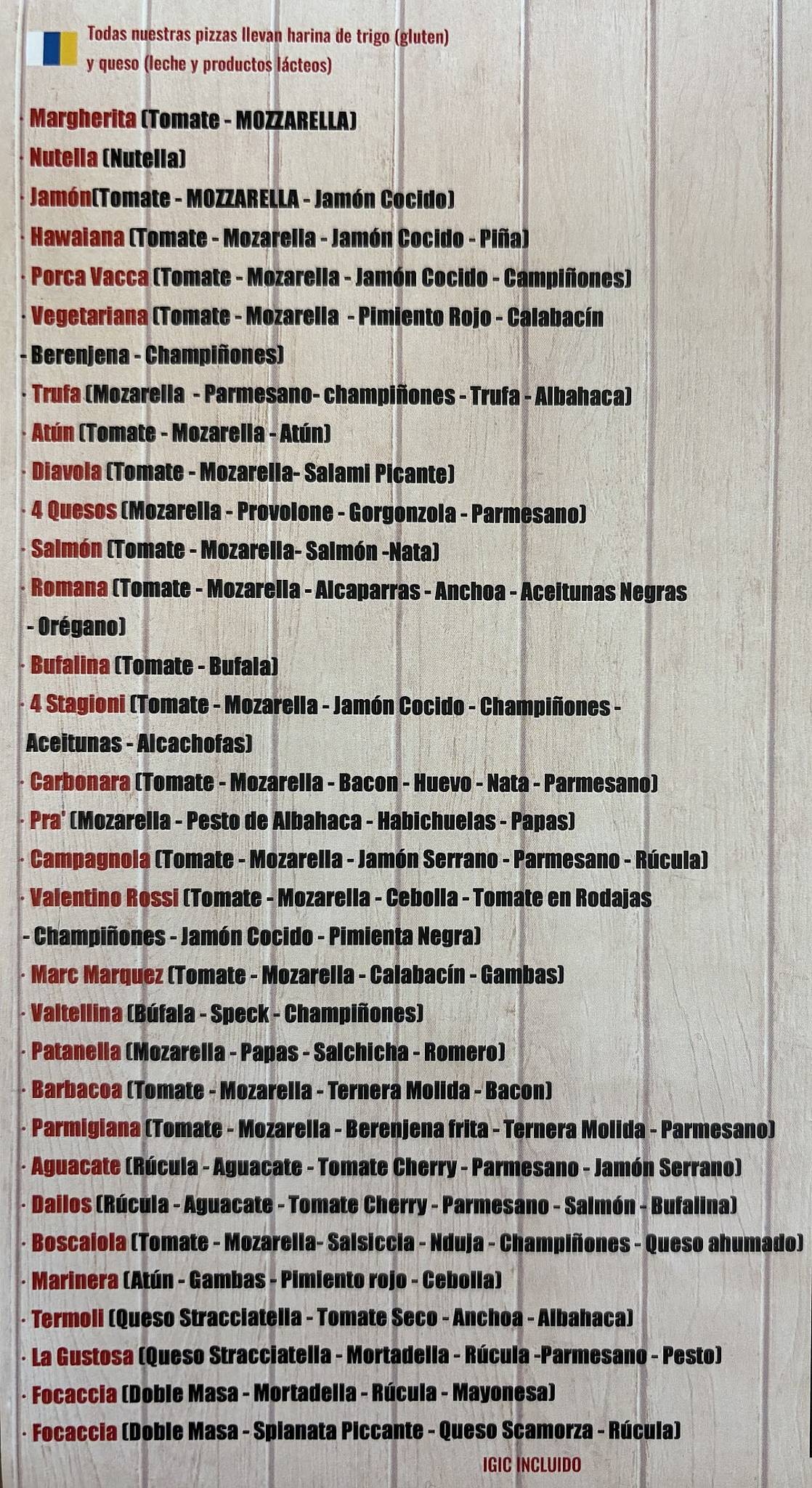 Carta de Pizzería La Gustosa La Ballena, Las Palmas de Gran Canaria
