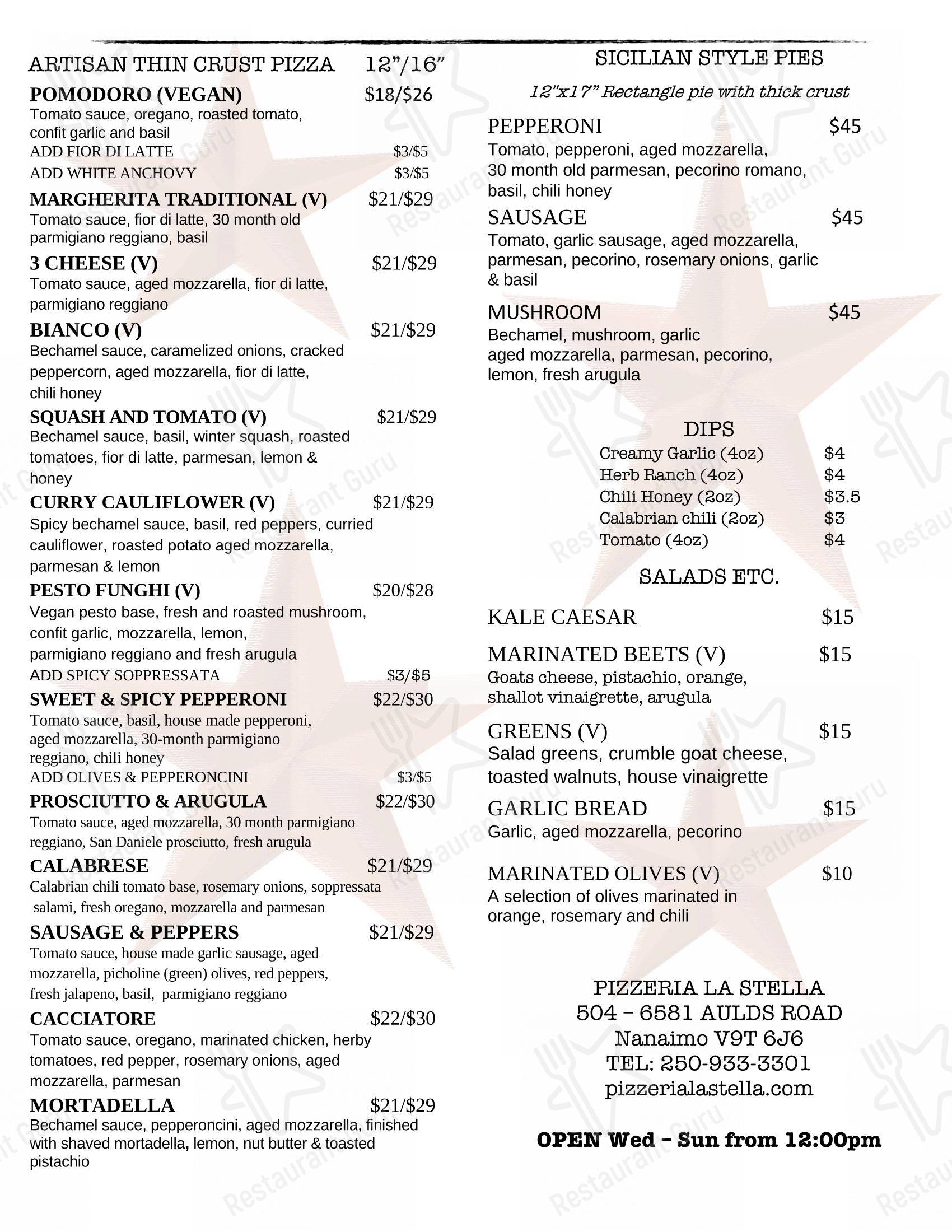 Menu at Pizzeria La Stella, Nanaimo
