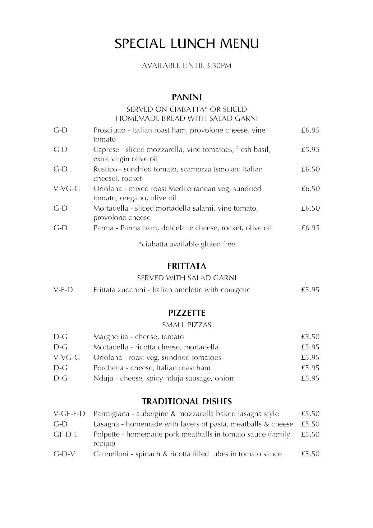 Menu at La Tavernetta restaurant, Ingleton