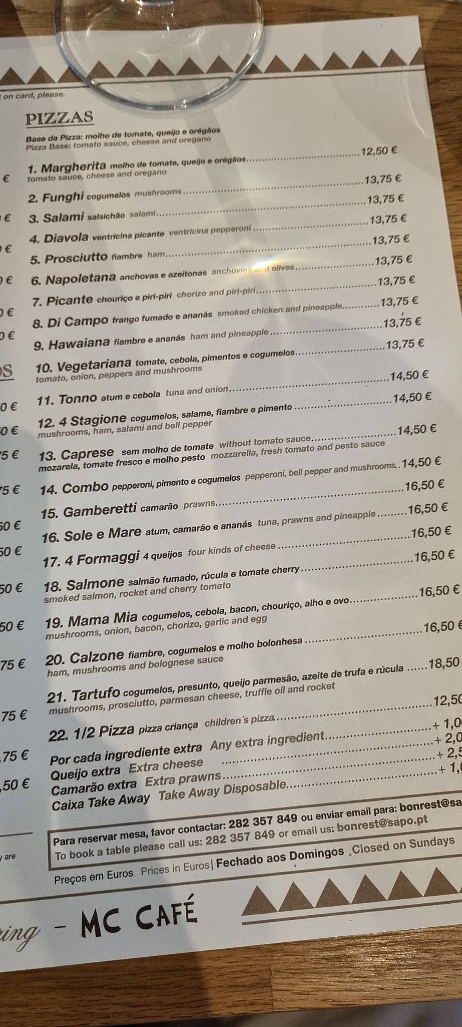 Menu at Pizzeria Mama Mia!, Carvoeiro