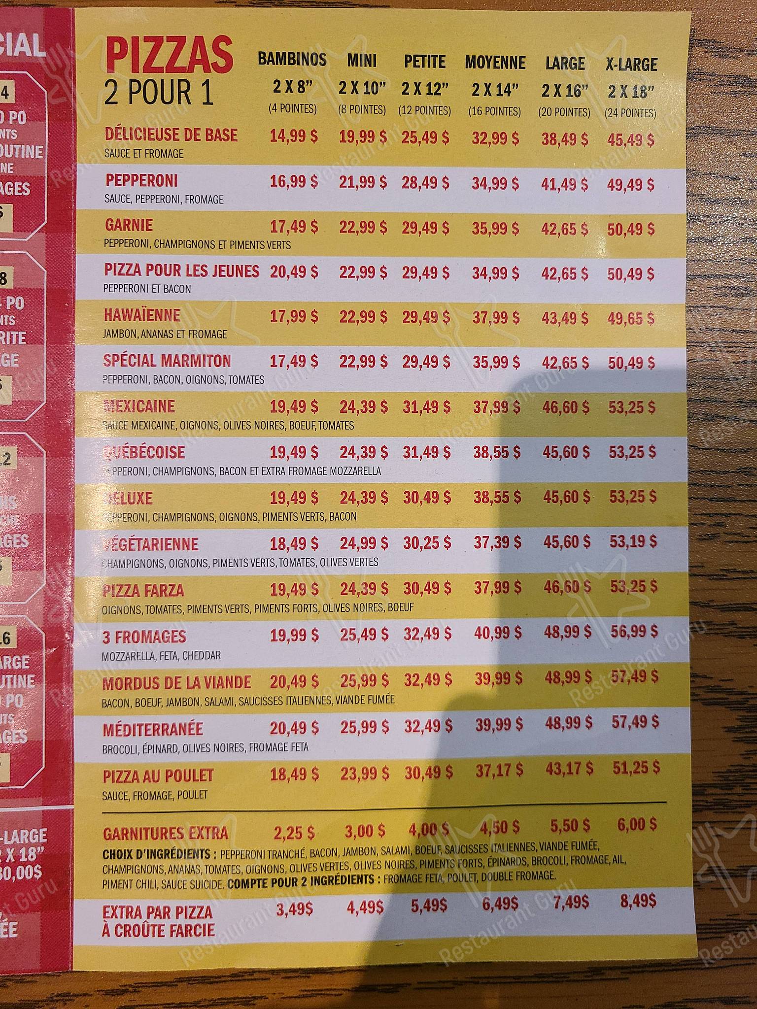 Menu au Marmiton Pizza 2 pour 1 pizzeria, Québec, 519 Rue Saint-Vallier O