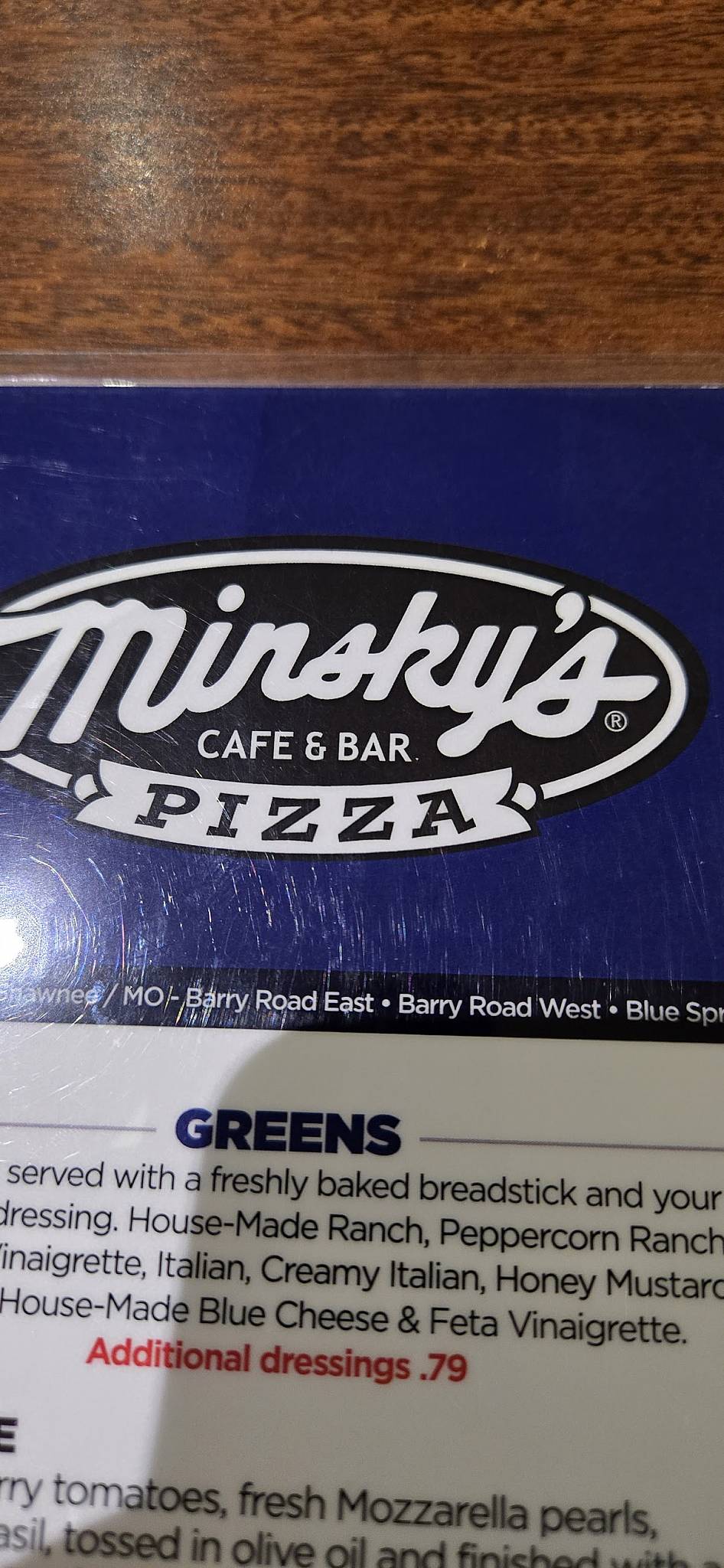Menu at Minsky's pizzeria, Prairie Village