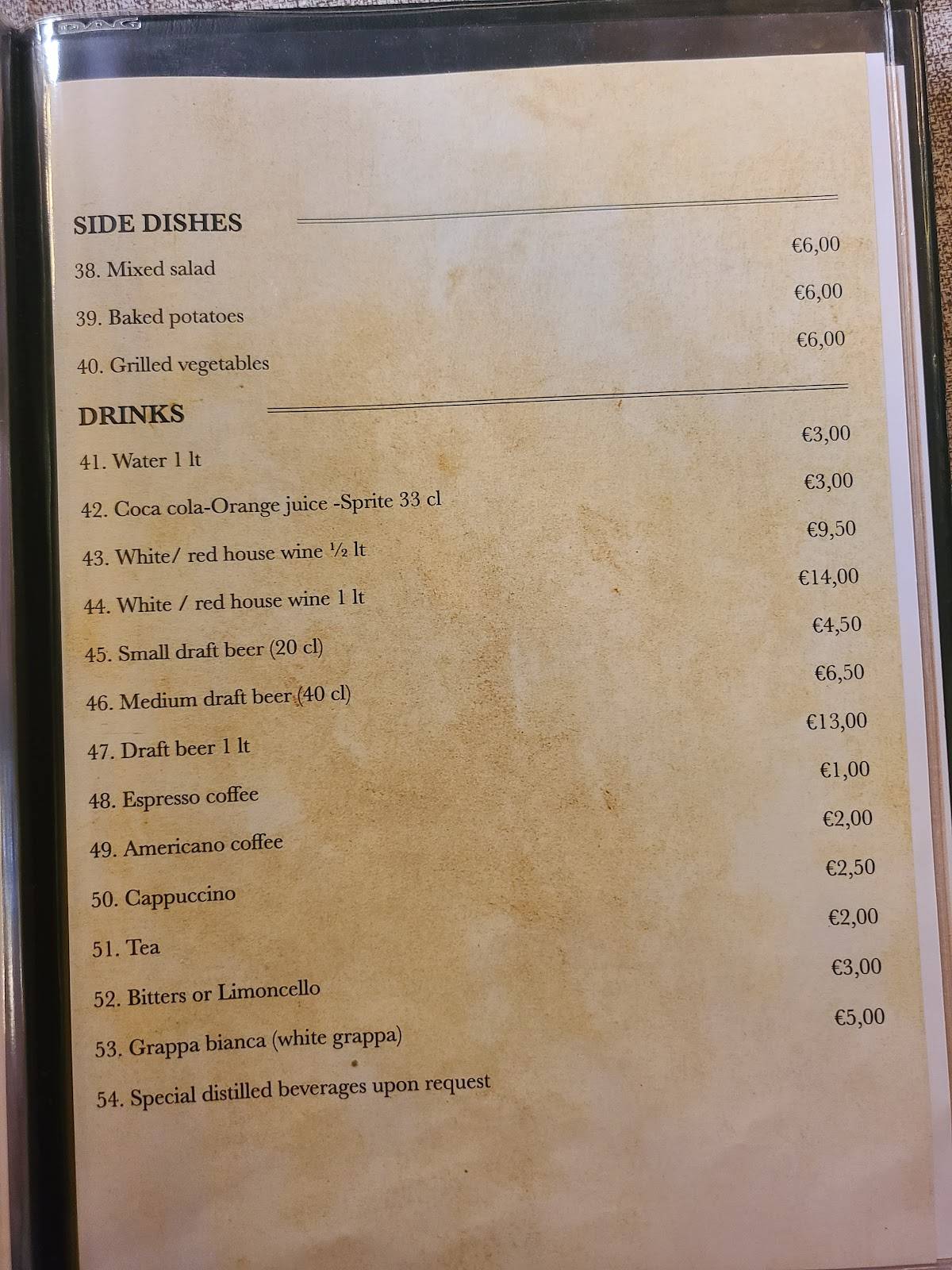 Menu at Nerone pizzeria, Rome, Via del Viminale