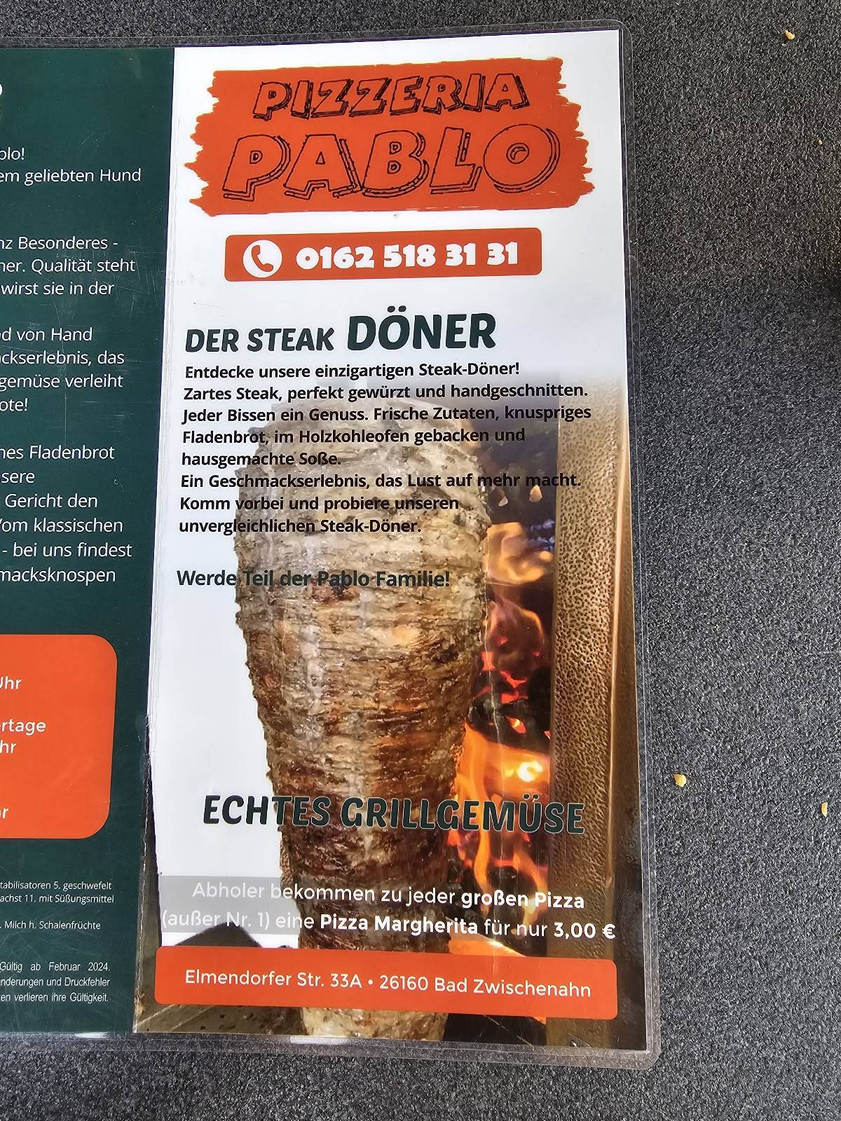 Speisekarte von Pizzeria Pablo, Bad Zwischenahn