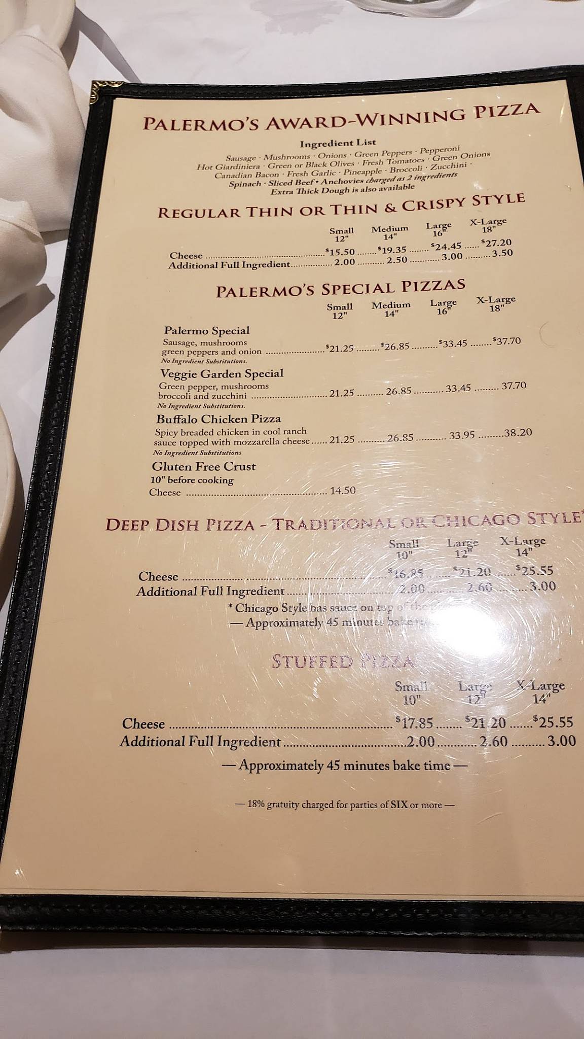 Menu at Palermo's 95th Italian Cuisine pizzeria, Oak Lawn, 95th St