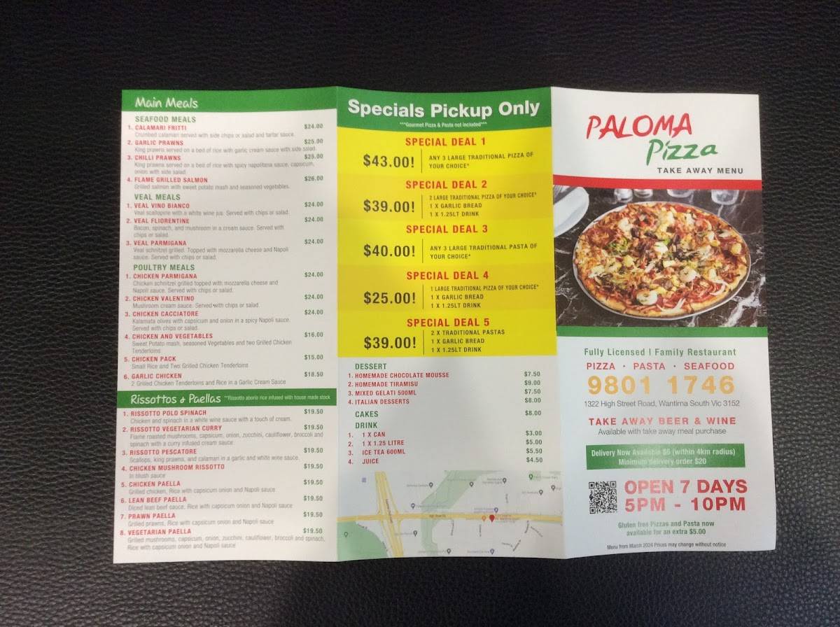 Menu at Paloma Pizza & Pasta Restaurant, Wantirna South