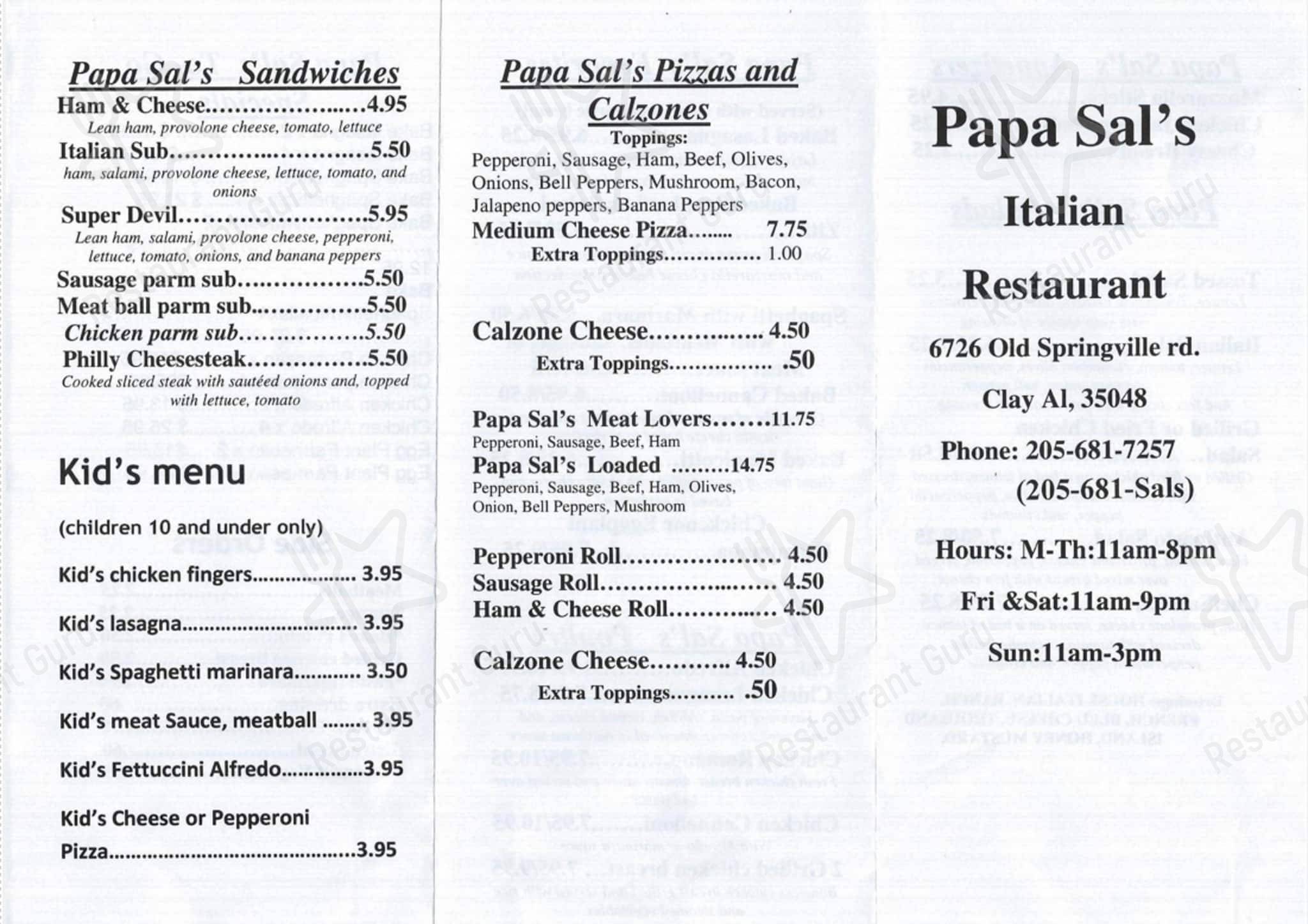 Menu at Papa Sal's Italian Restaurant, Pinson